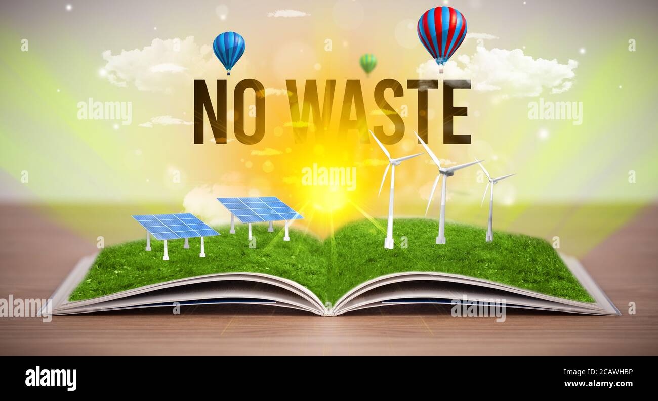 Open book with NO WASTE inscription, renewable energy concept Stock ...