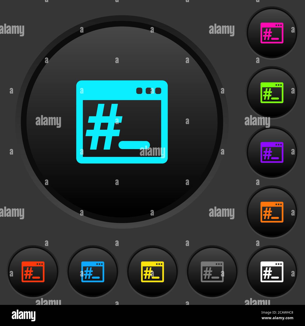 Root terminal dark push buttons with vivid color icons on dark grey background Stock Vector ...