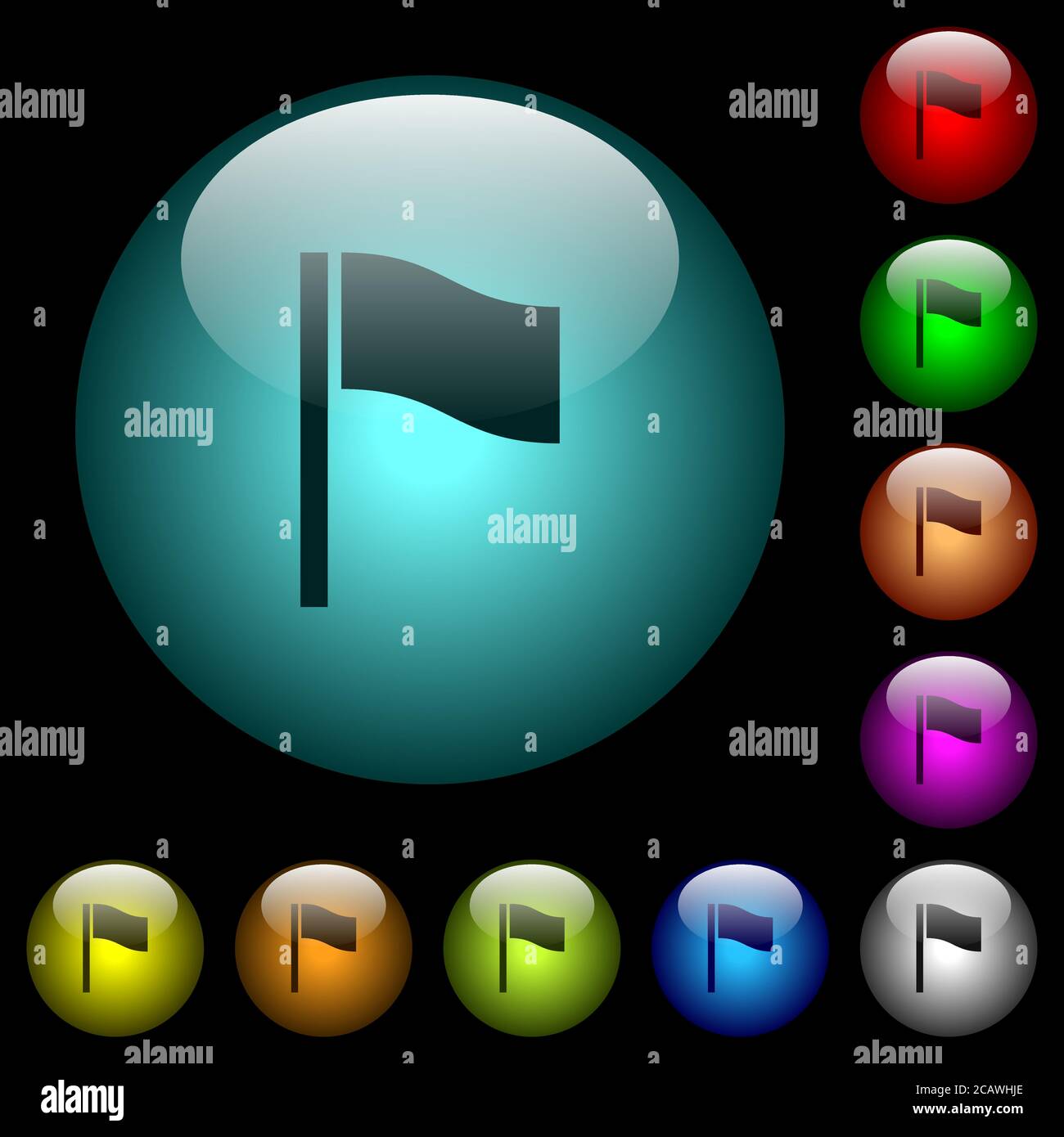 Flag icons in color illuminated spherical glass buttons on black ...