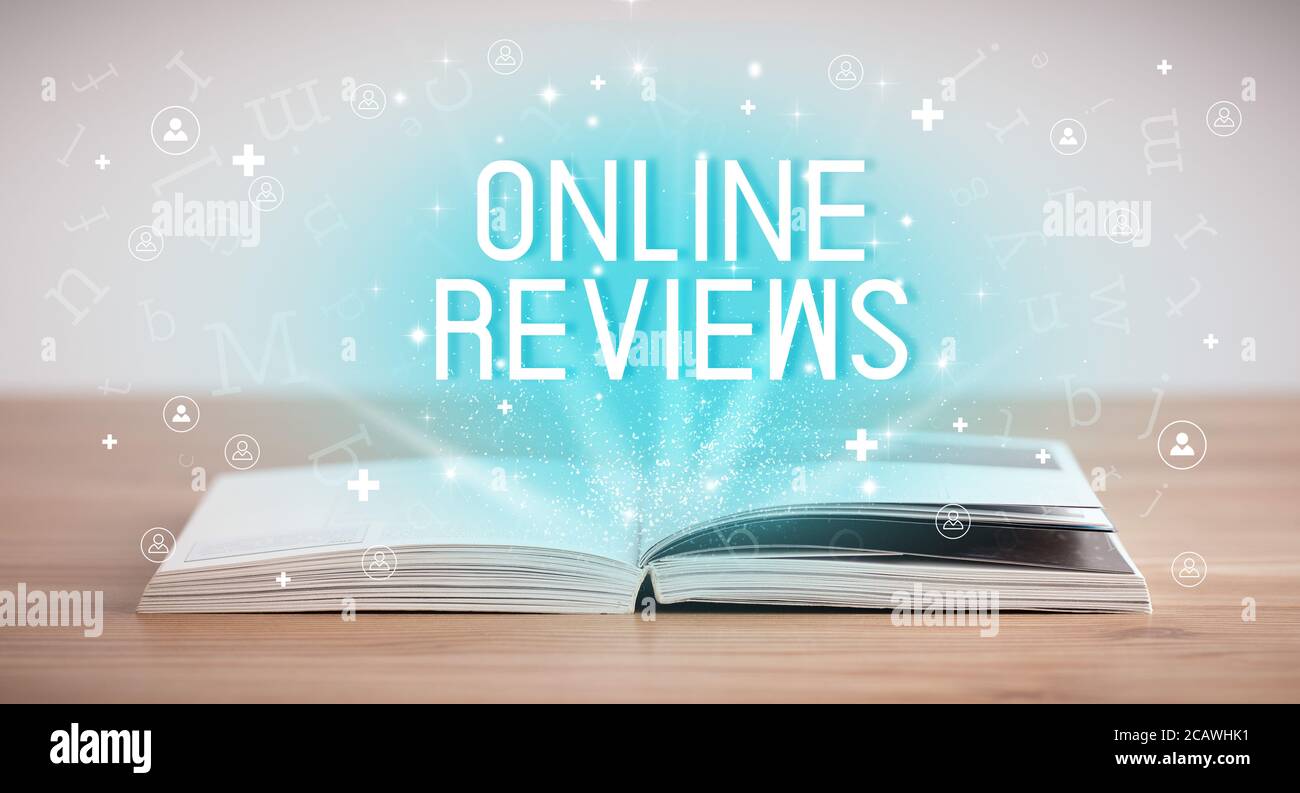 Open book with ONLINE REVIEWS inscription, social media concept Stock ...