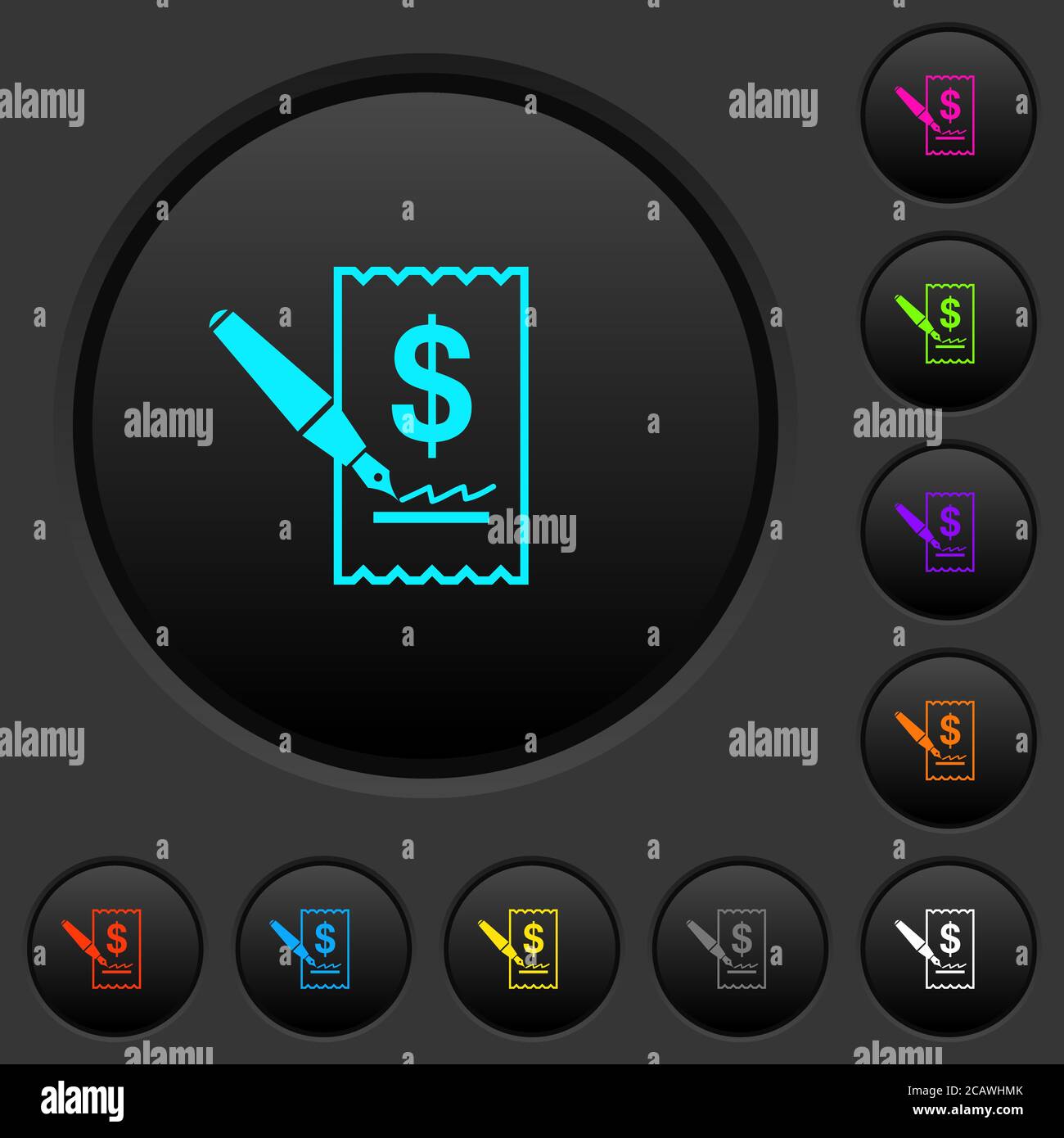 Signing Dollar cheque dark push buttons with vivid color icons on dark ...