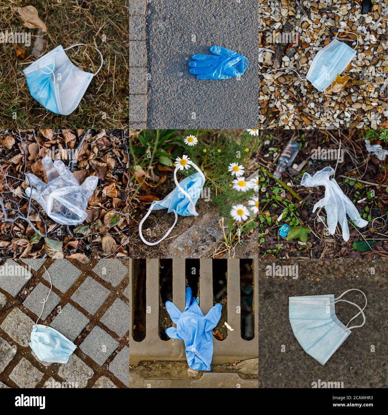 3x3 Montage of discarded single use protective PPE face masks and ...