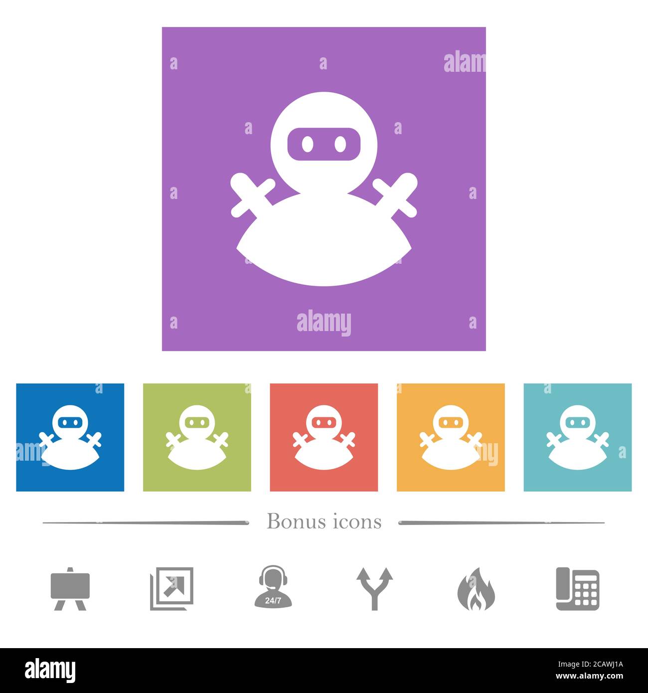 Ninja avatar flat white icons in square backgrounds. 6 bonus icons ...