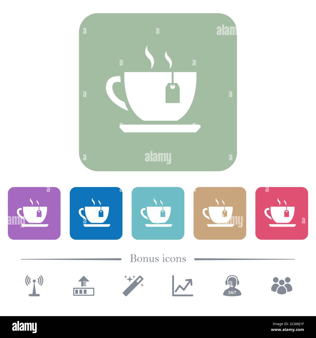 Cup of tea with teabag white flat icons on color rounded square ...