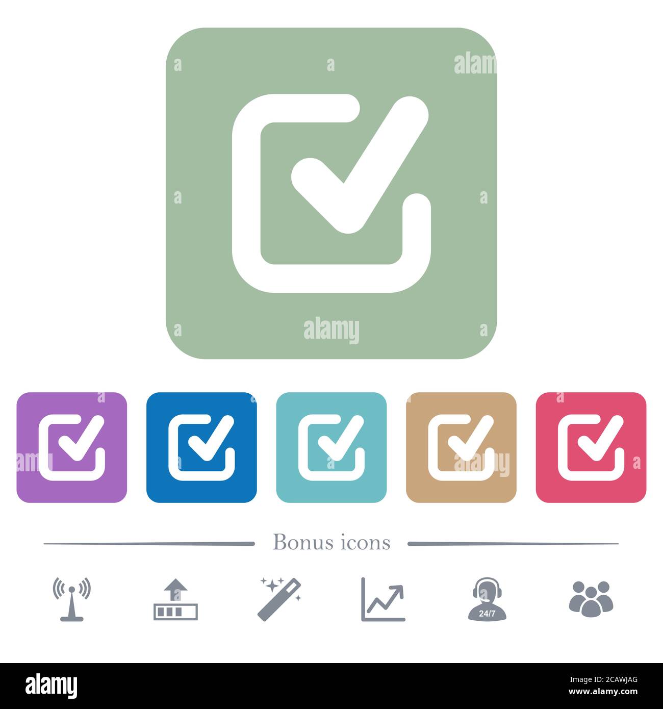 Checkmark white flat icons on color rounded square backgrounds. 6 bonus ...