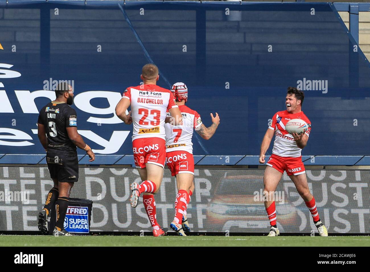 Lachlan Coote (1) of St Helens celebrates his try Stock Photo - Alamy