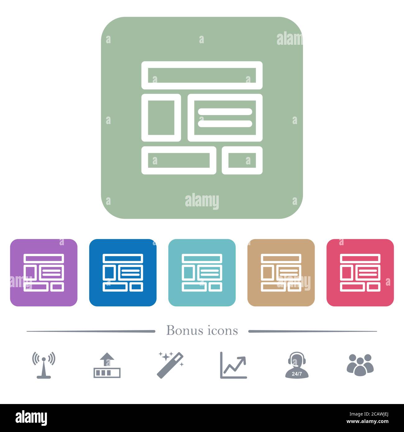 Web layout white flat icons on color rounded square backgrounds. 6 ...