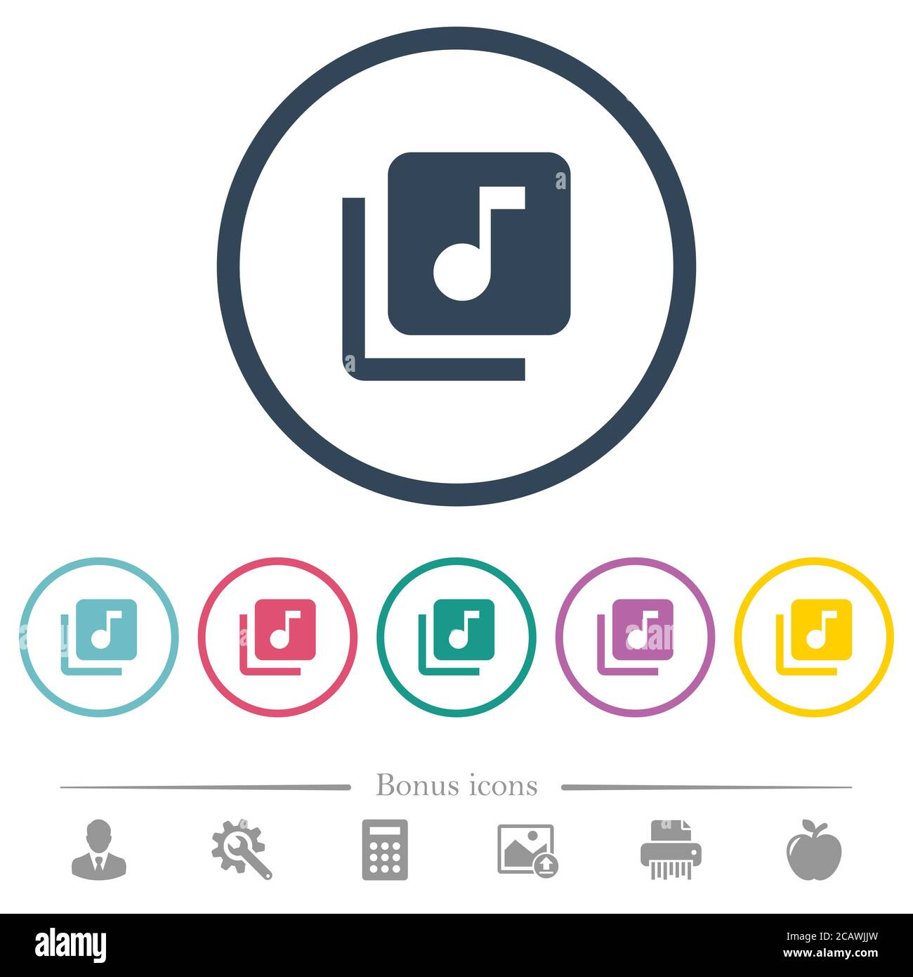 Music library flat color icons in round outlines. 6 bonus icons ...
