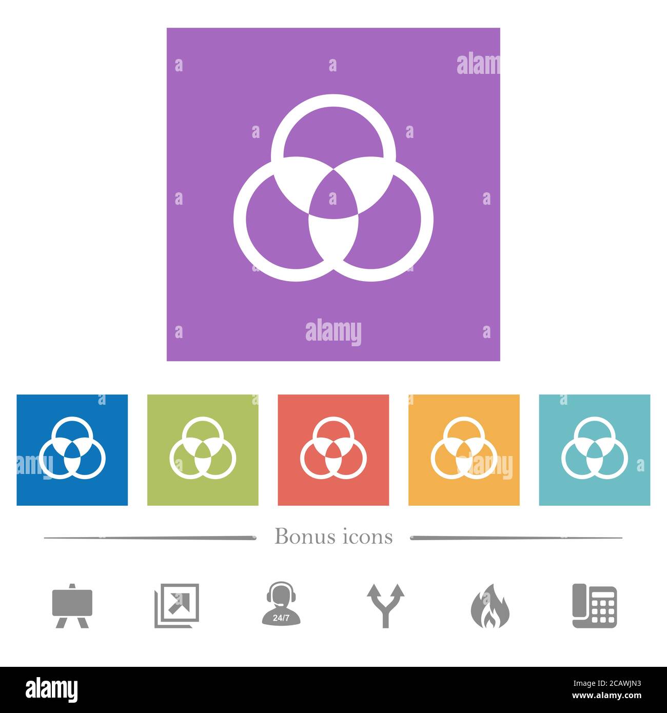 Color mixing flat white icons in square backgrounds. 6 bonus icons ...