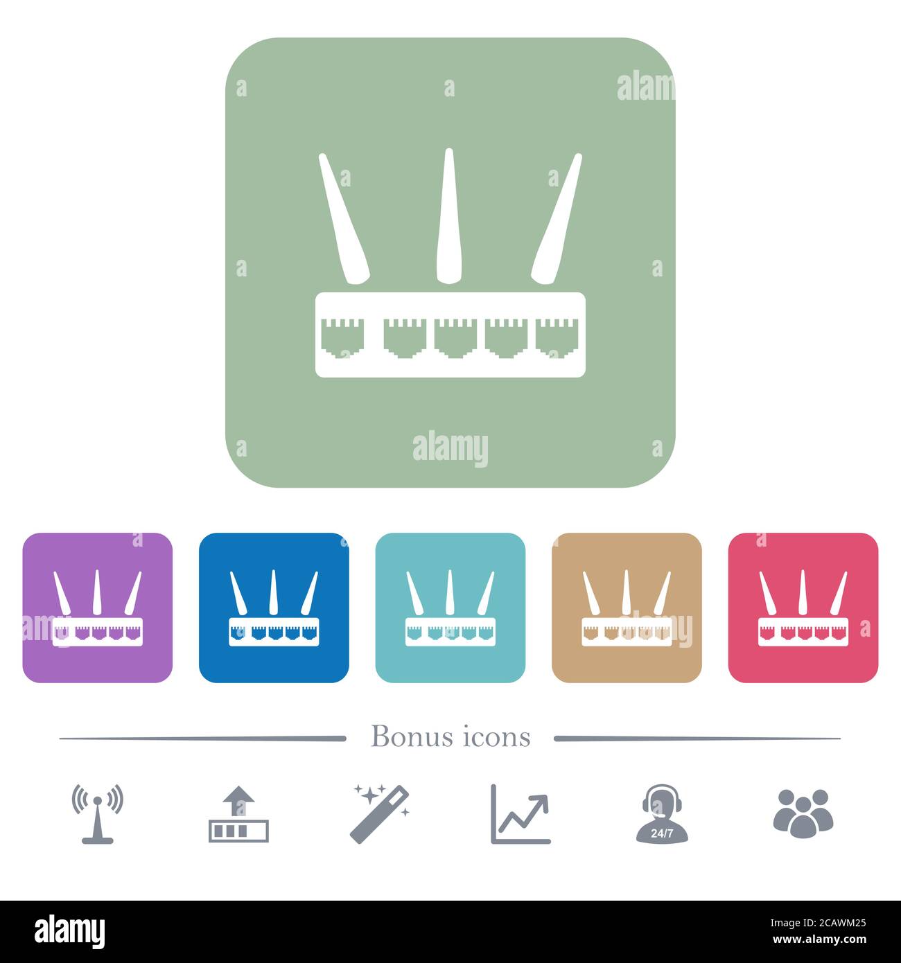 Wireless router white flat icons on color rounded square backgrounds. 6 bonus icons included ...
