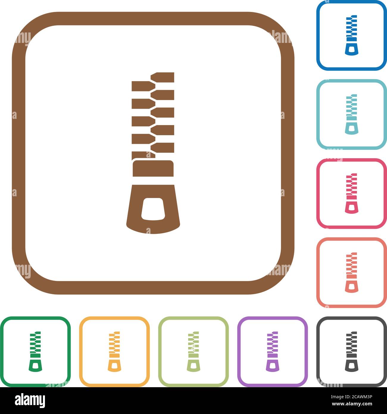 Vertical zipper simple icons in color rounded square frames on white ...