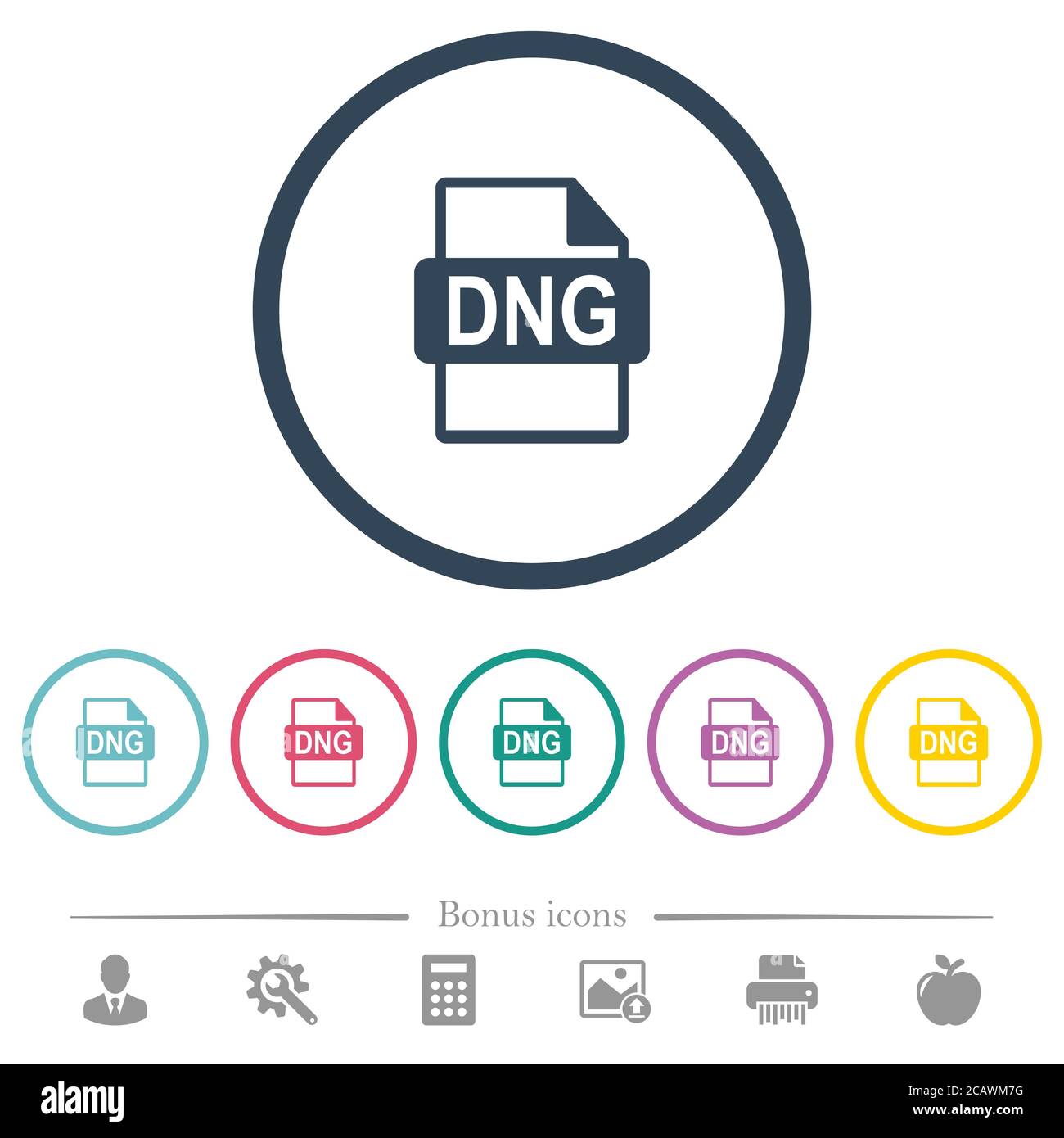 DNG file format flat color icons in round outlines. 6 bonus icons ...