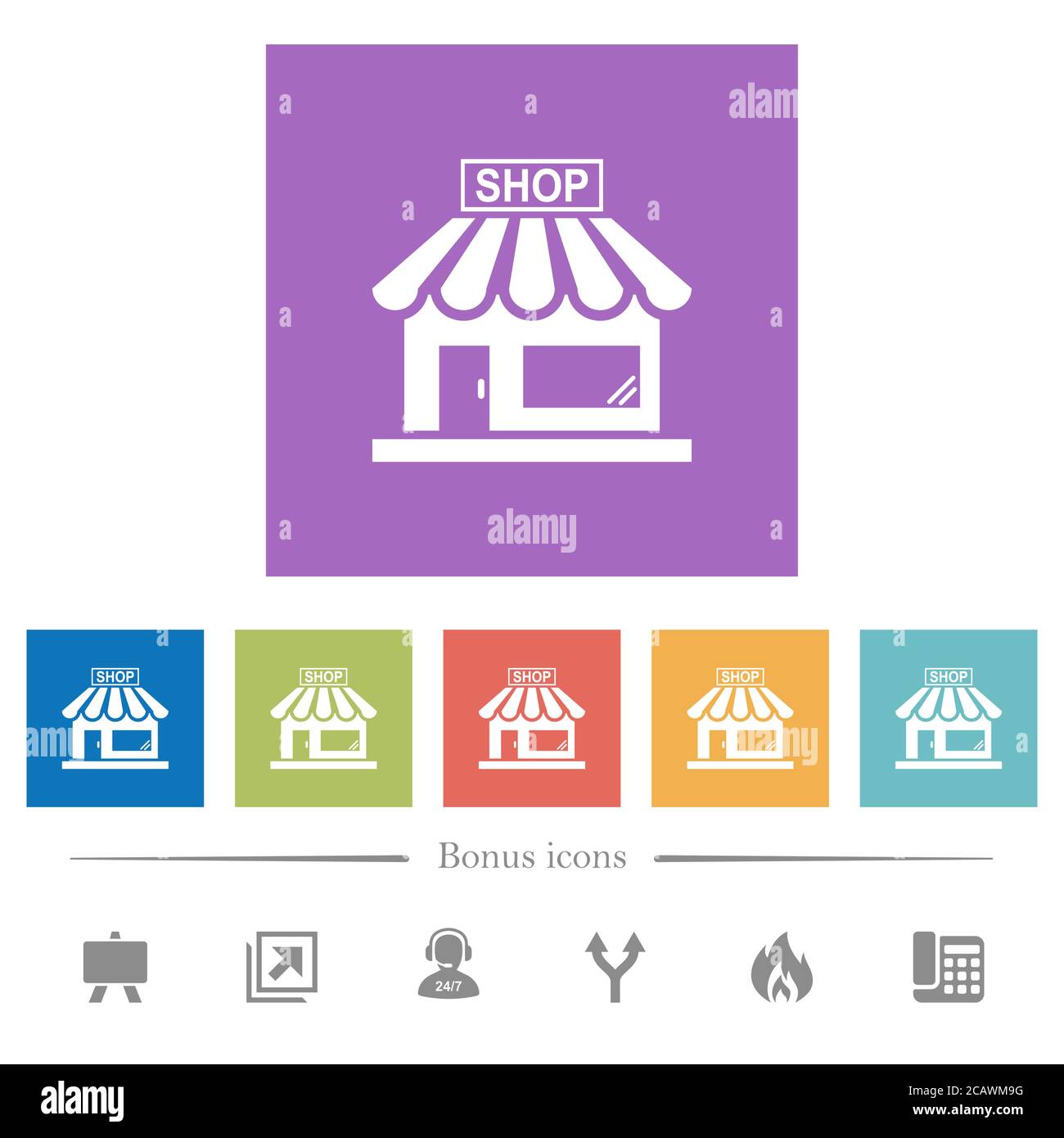 Store front flat white icons in square backgrounds. 6 bonus icons ...