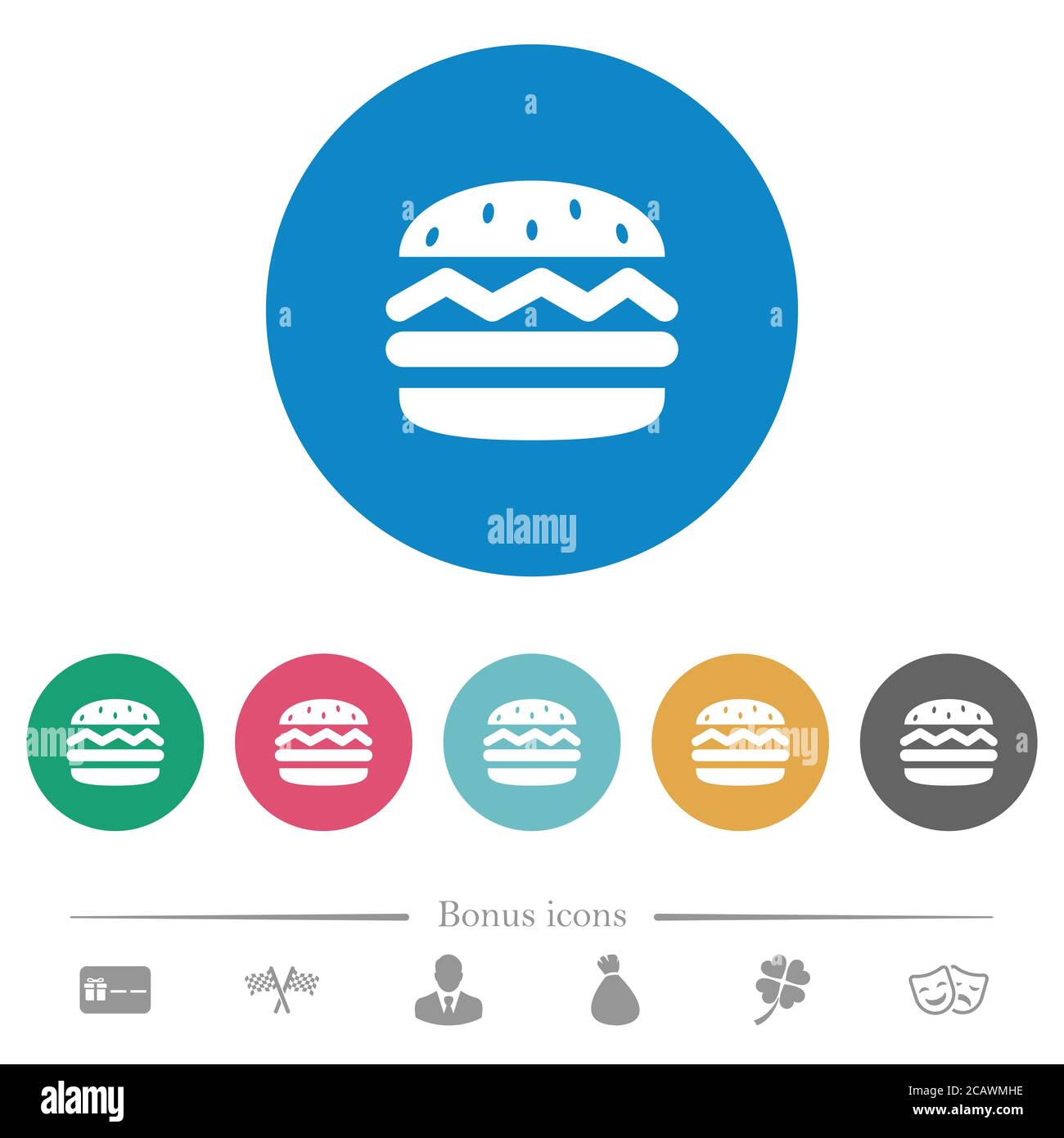Single hamburger flat white icons on round color backgrounds. 6 bonus ...