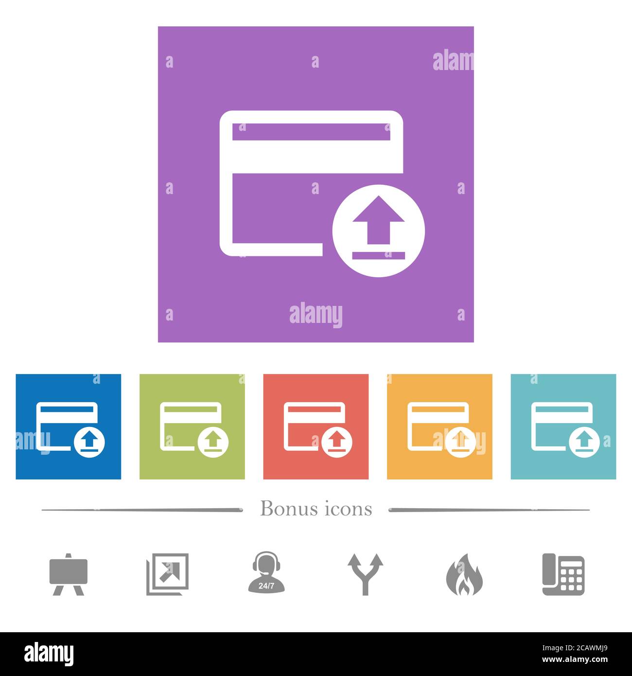 Credit card money deposit flat white icons in square backgrounds. 6 ...