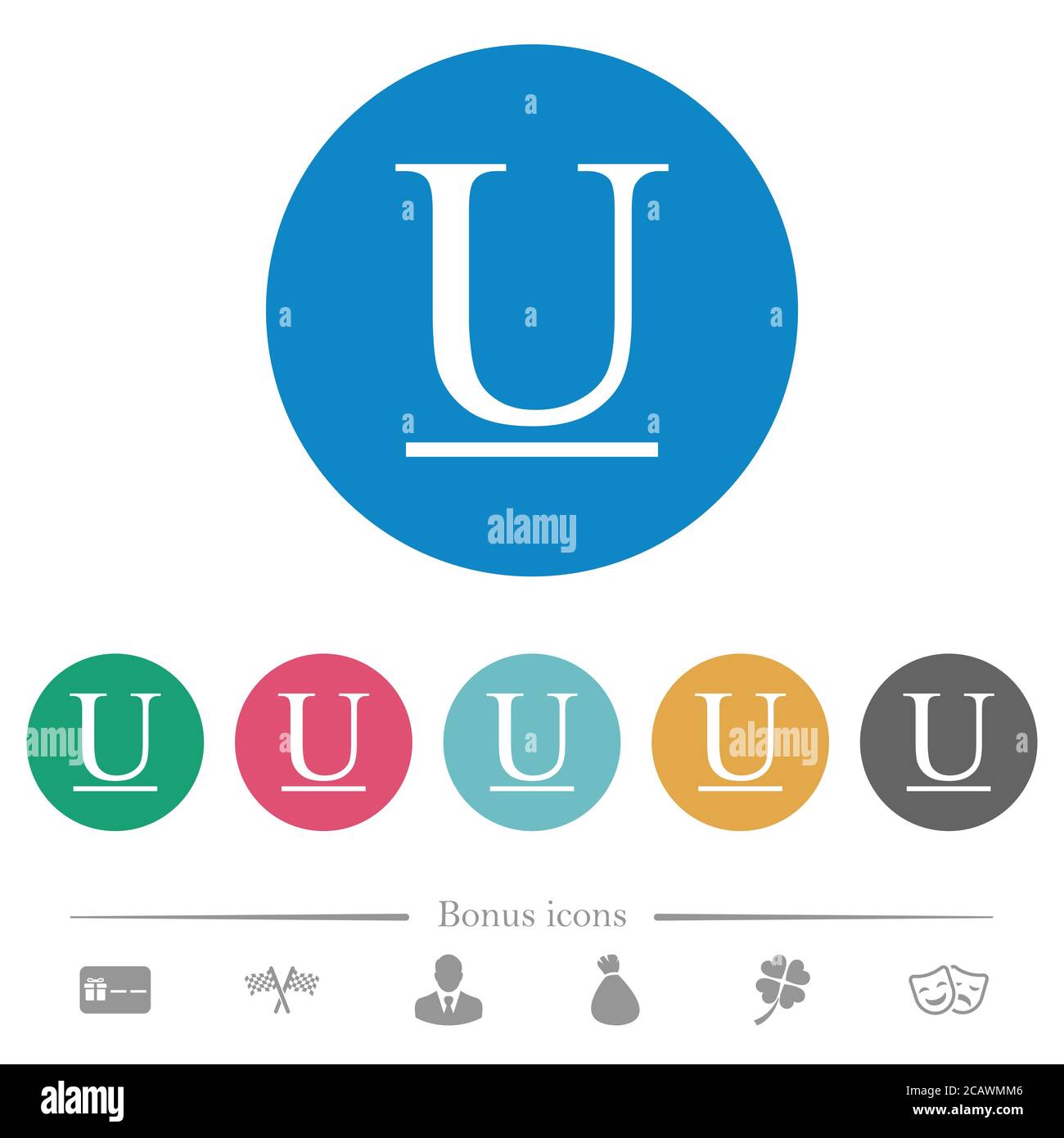 Underlined font type flat white icons on round color backgrounds. 6 ...