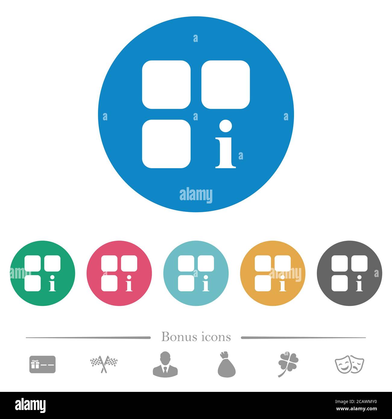 Component information flat white icons on round color backgrounds. 6 ...