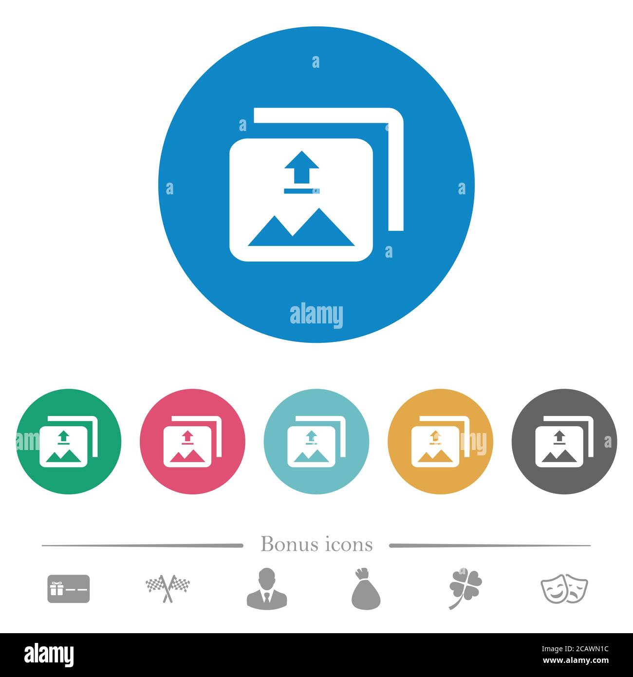 Upload multiple images flat white icons on round color backgrounds. 6 ...