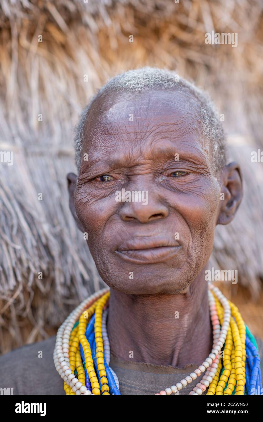 Close-up portrait of a Karamojong woman in her village, Moroto District ...