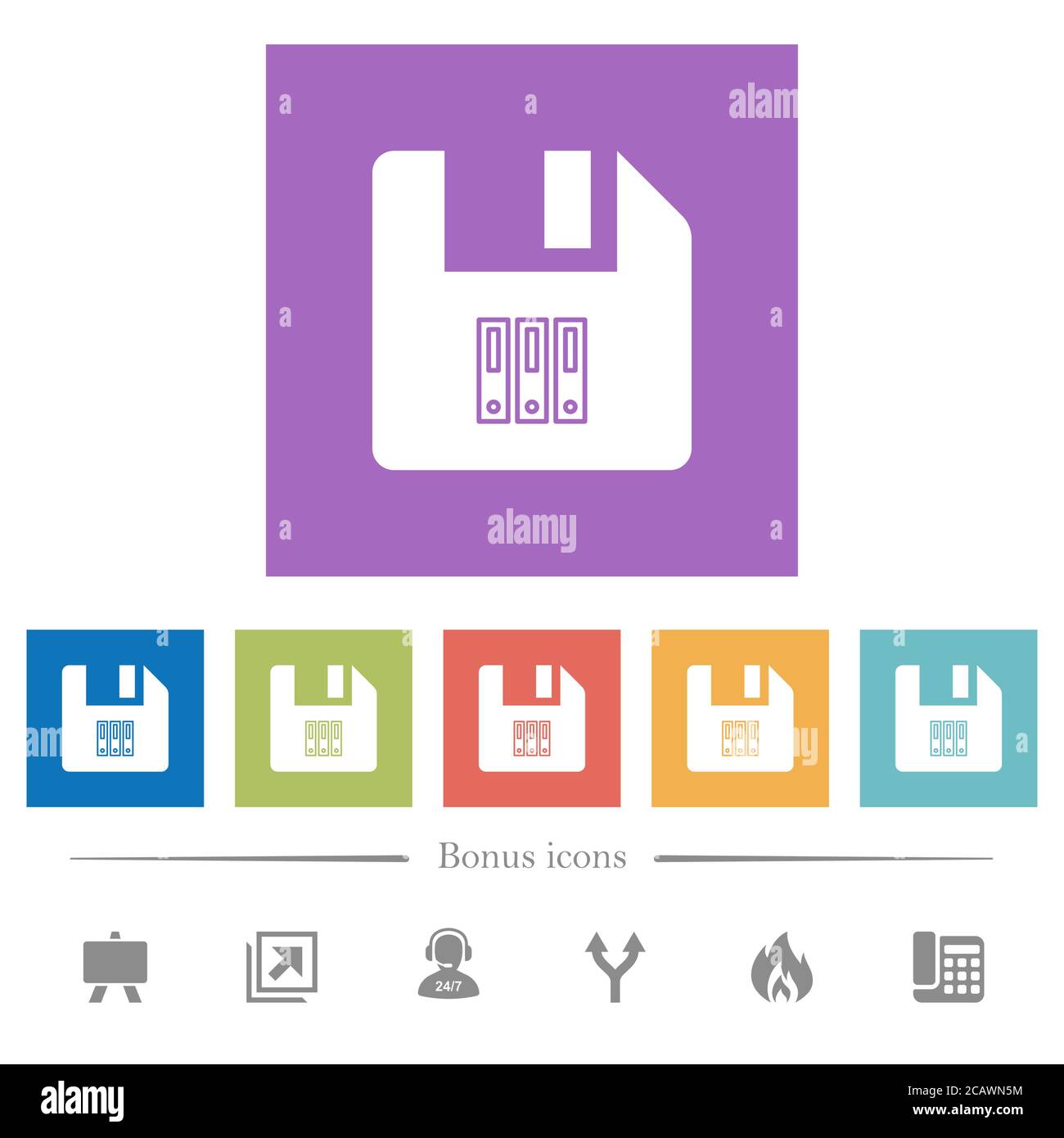 Archive file flat white icons in square backgrounds. 6 bonus icons ...