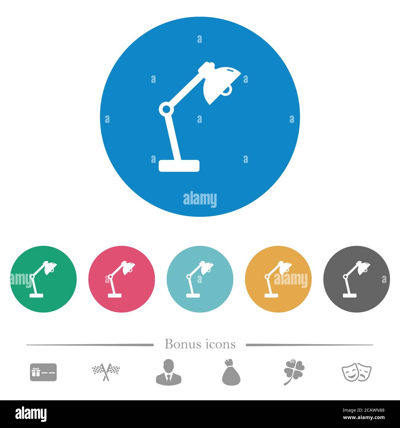 Desk lamp flat white icons on round color backgrounds. 6 bonus icons ...