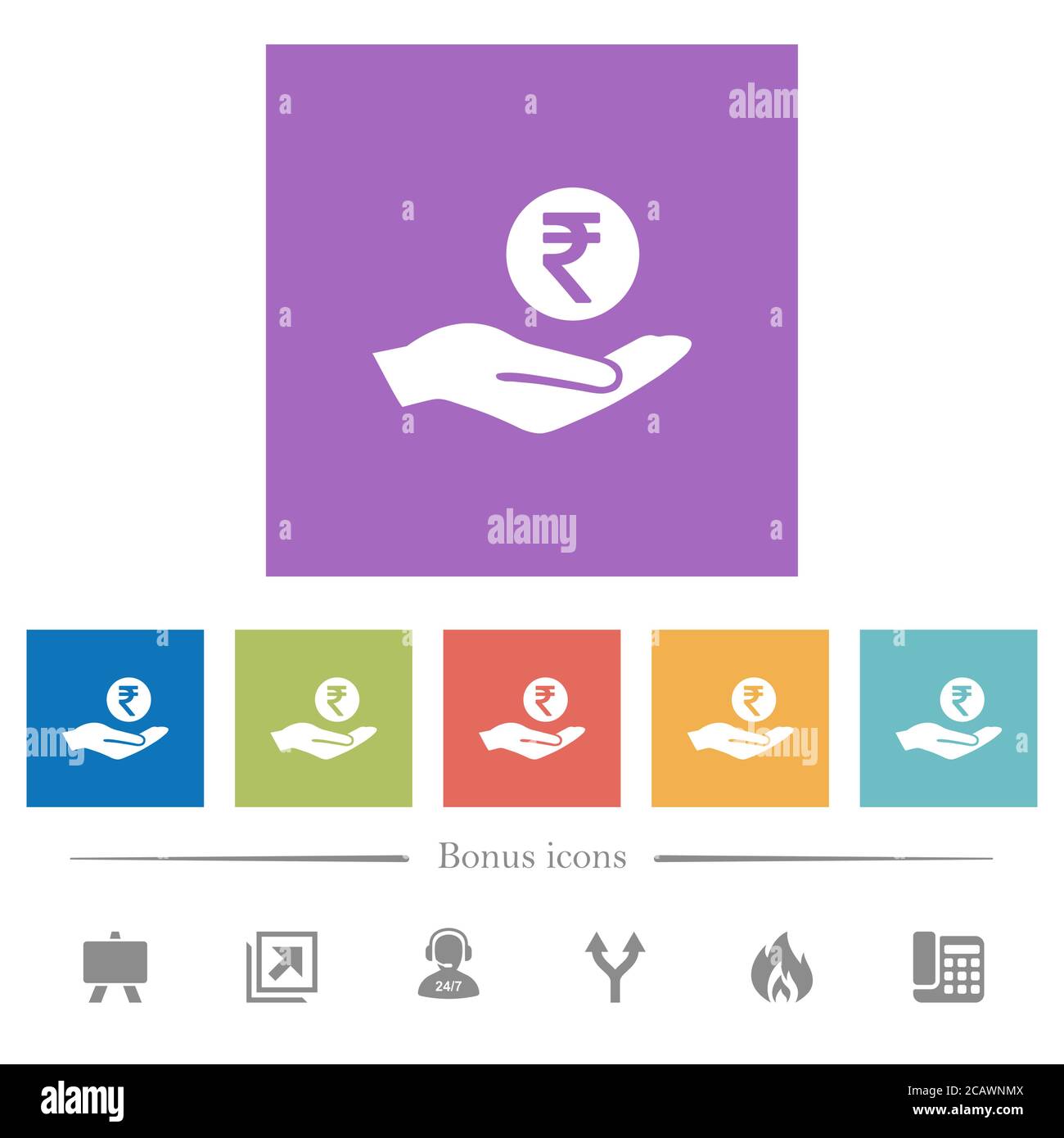 Indian rupee earnings flat white icons in square backgrounds. 6 bonus ...