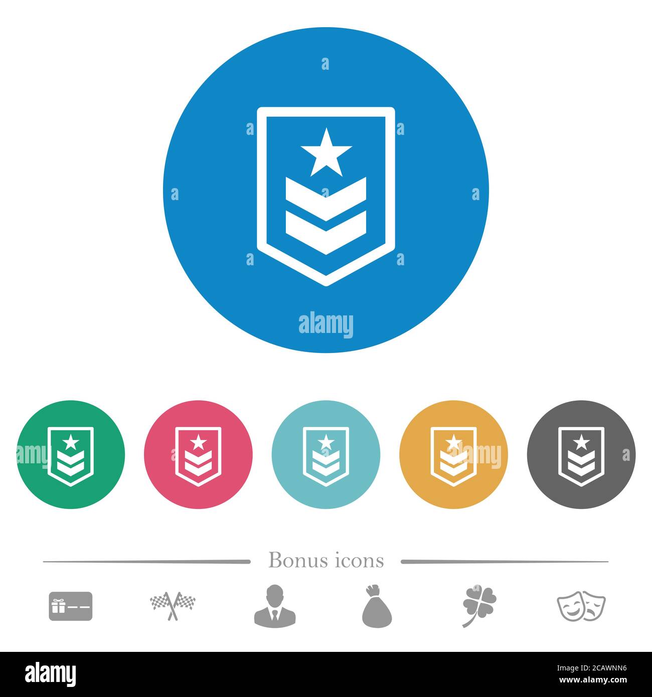Military rank flat white icons on round color backgrounds. 6 bonus ...