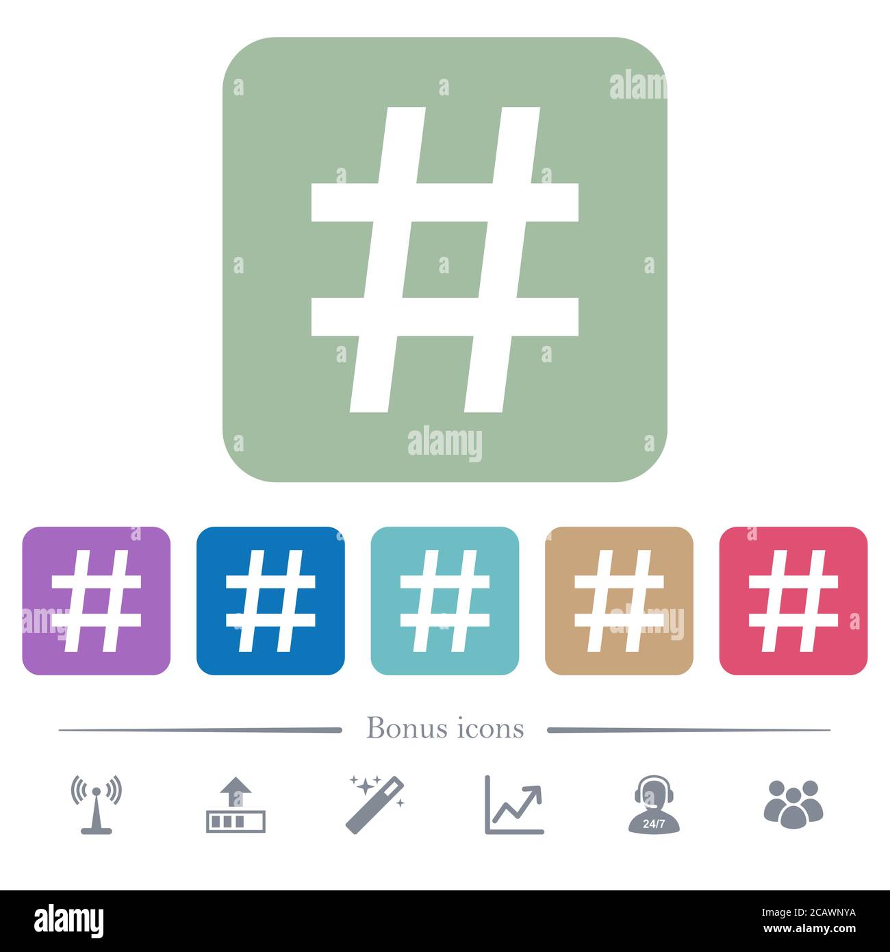 Hash tag white flat icons on color rounded square backgrounds. 6 bonus ...