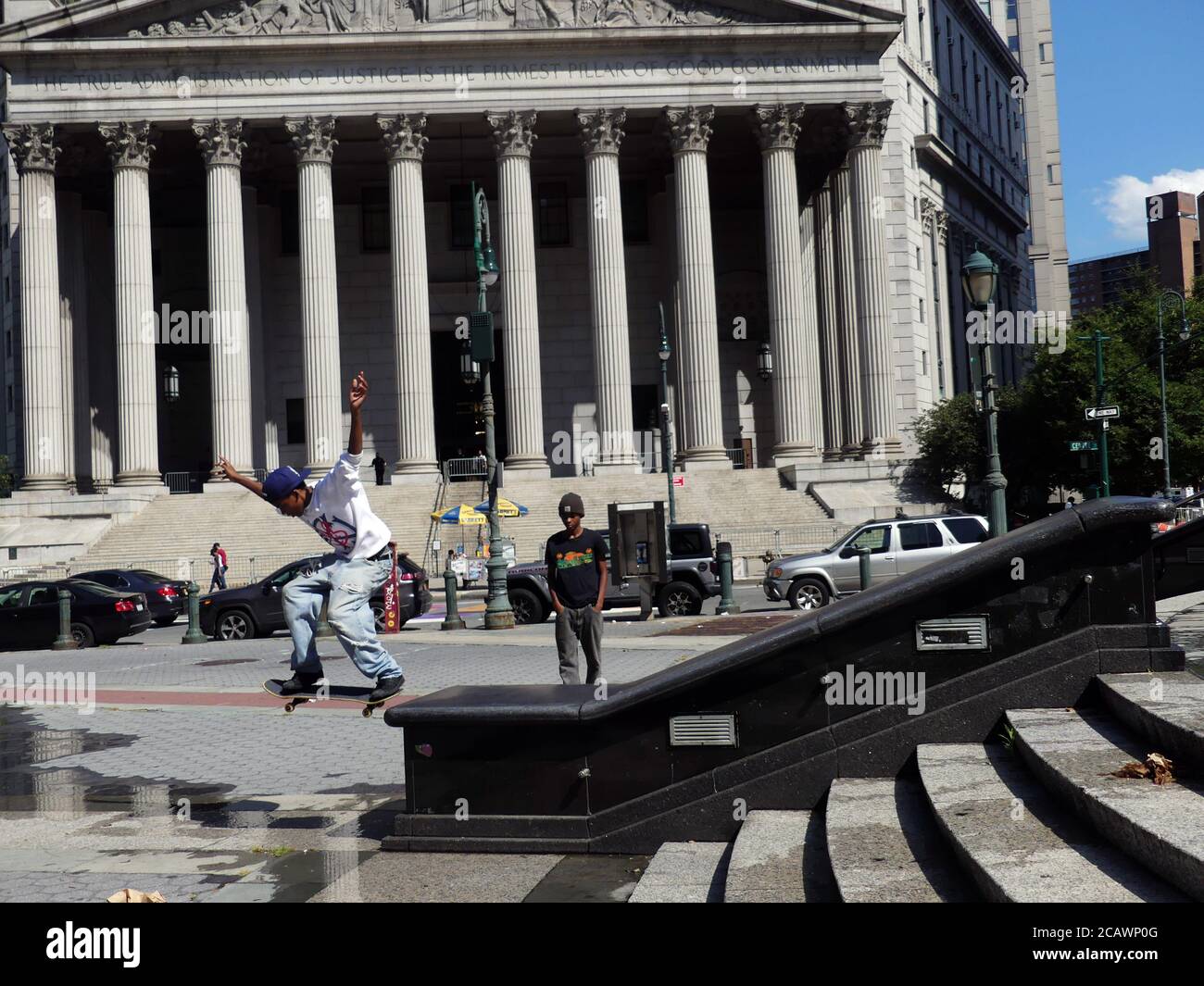 August 5, 2020, New York, New York, USA: Courthouse steps skateboarders Aziz, Henry, and Rahman ...
