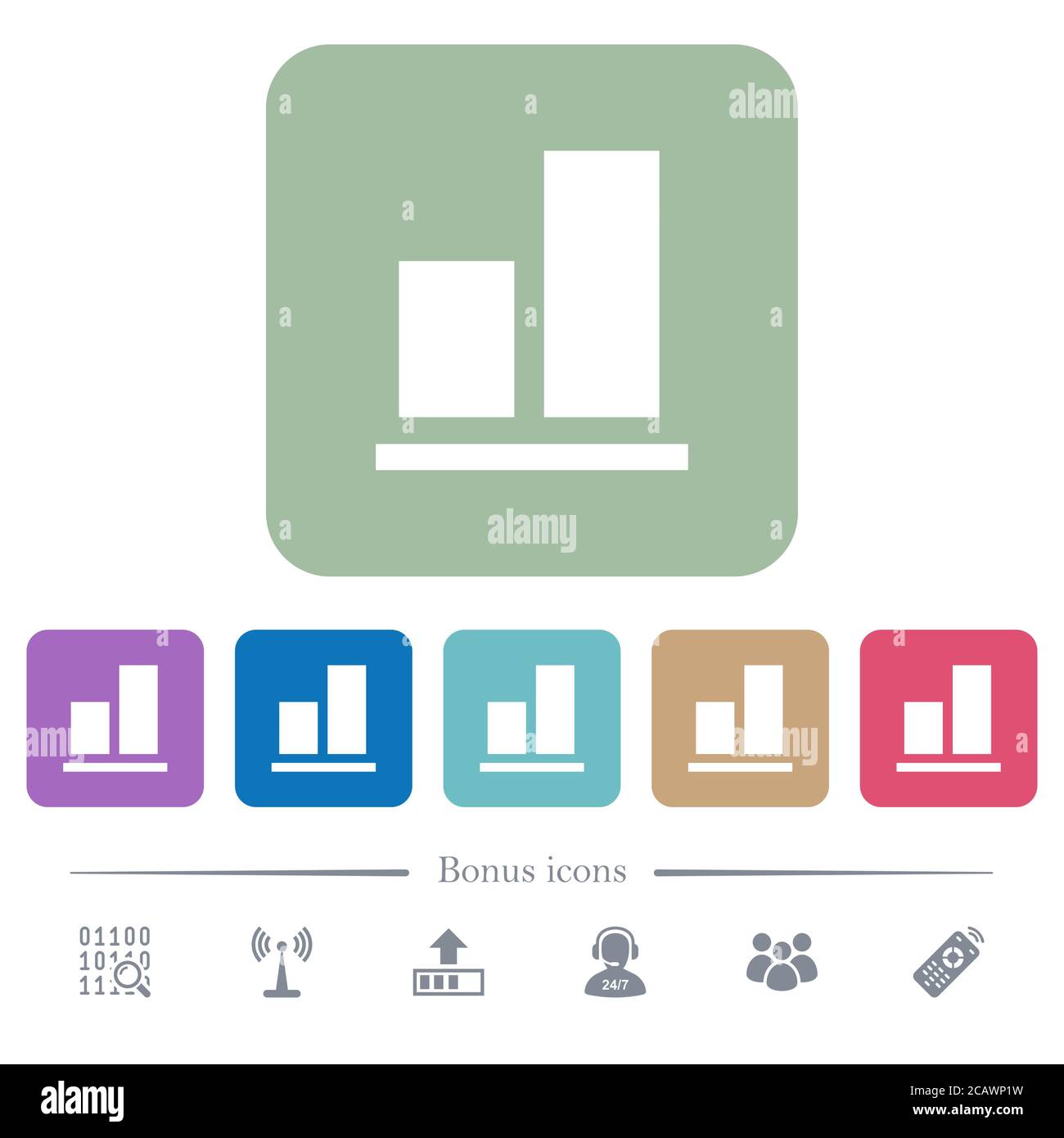 Align to bottom white flat icons on color rounded square backgrounds. 6 bonus icons included ...