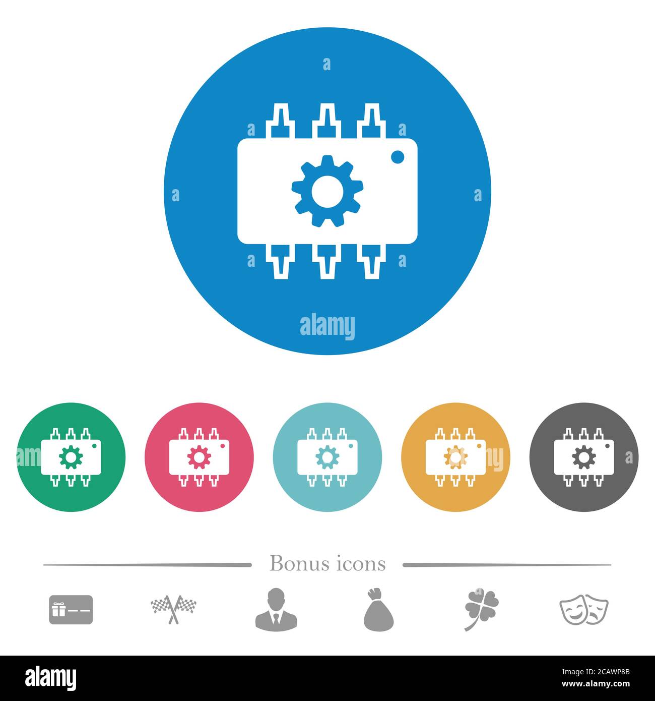 Hardware settings flat white icons on round color backgrounds. 6 bonus ...