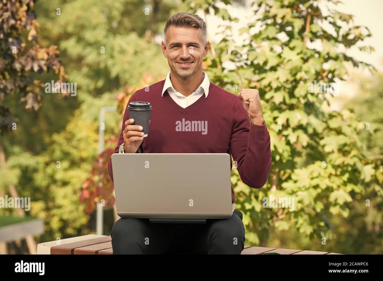 Modern occupation. Successful man working in cafe. Good vibes. Modern ...