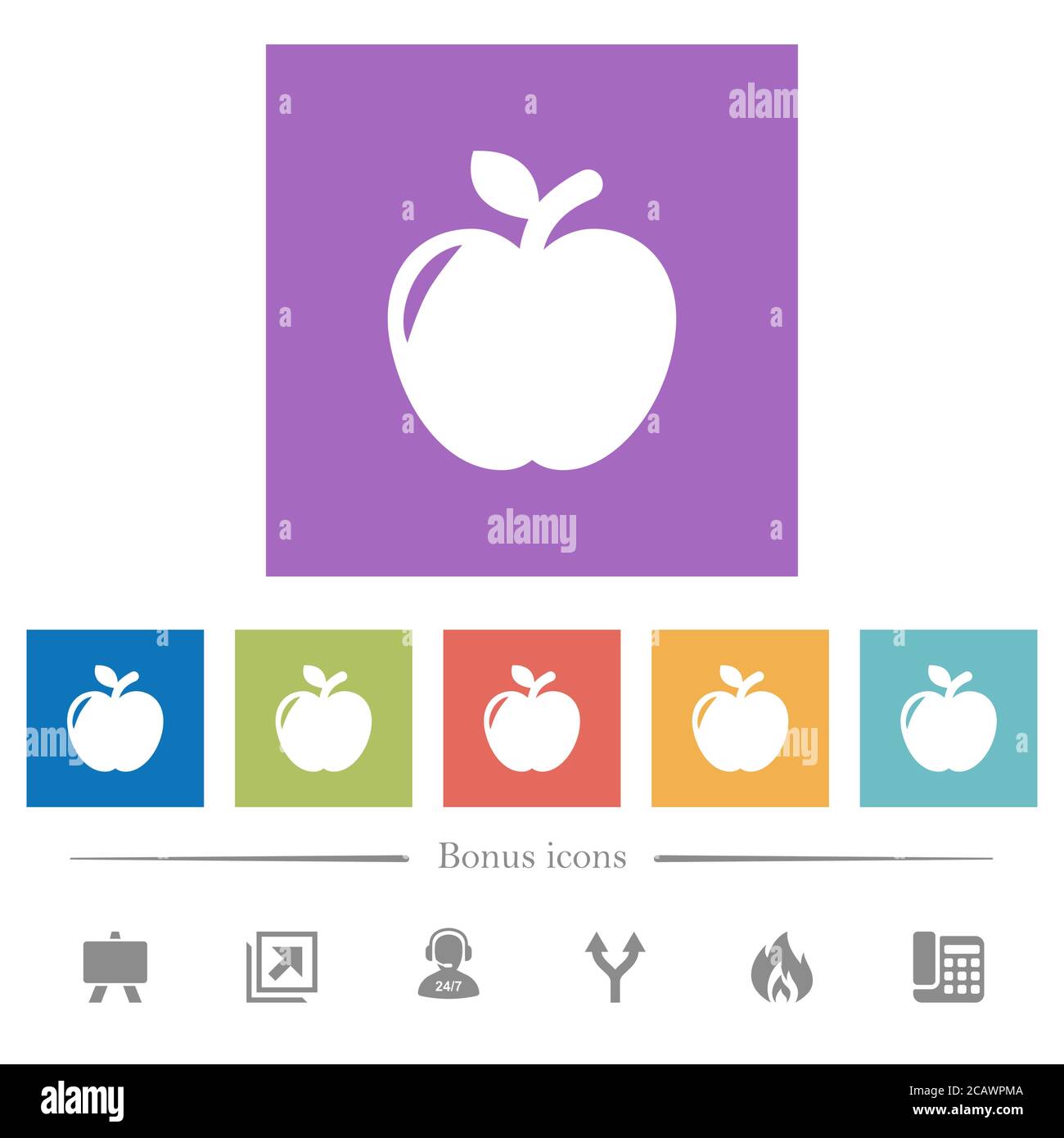 Apple flat white icons in square backgrounds. 6 bonus icons included ...