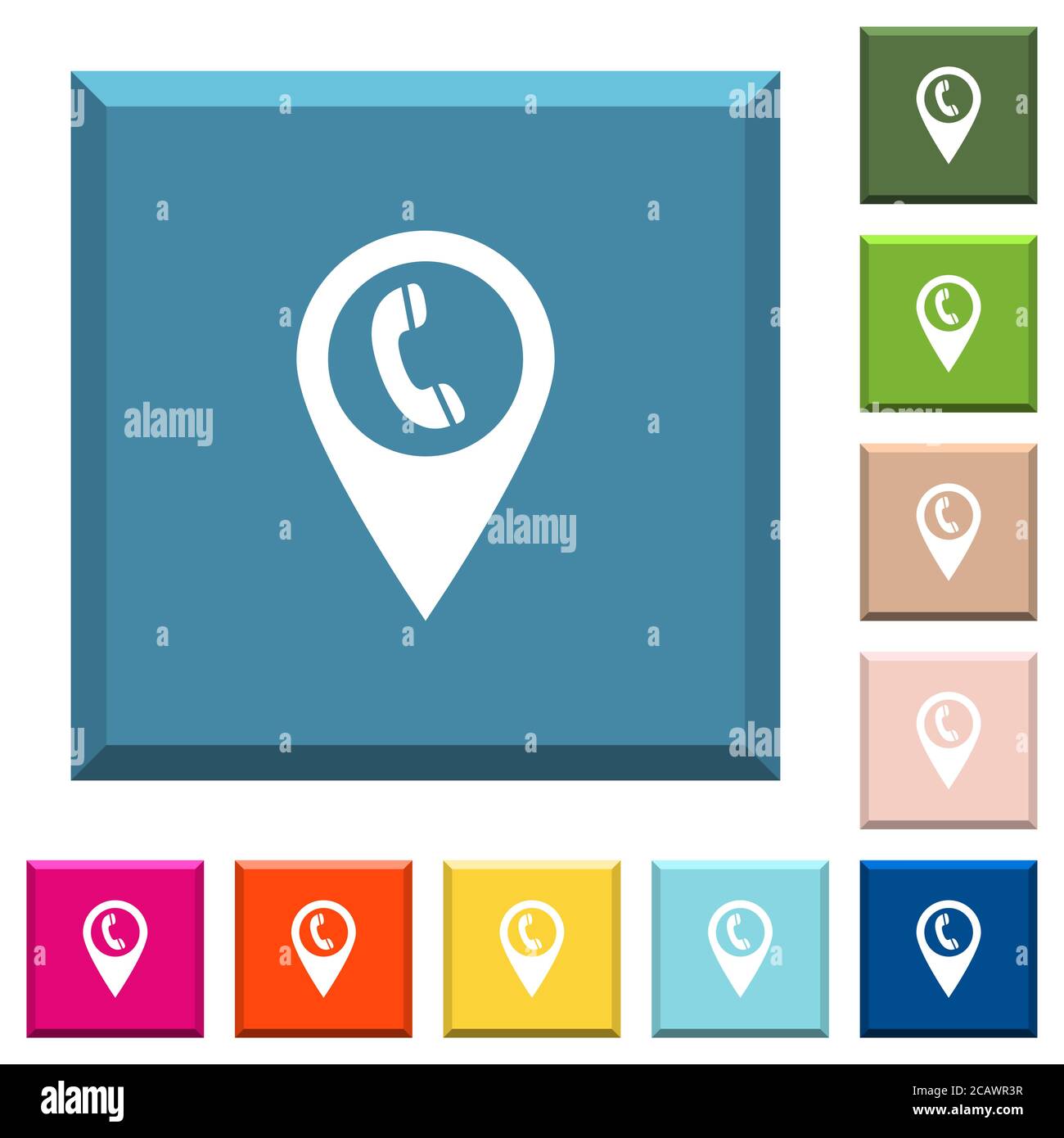 Call box GPS map location white icons on edged square buttons in ...