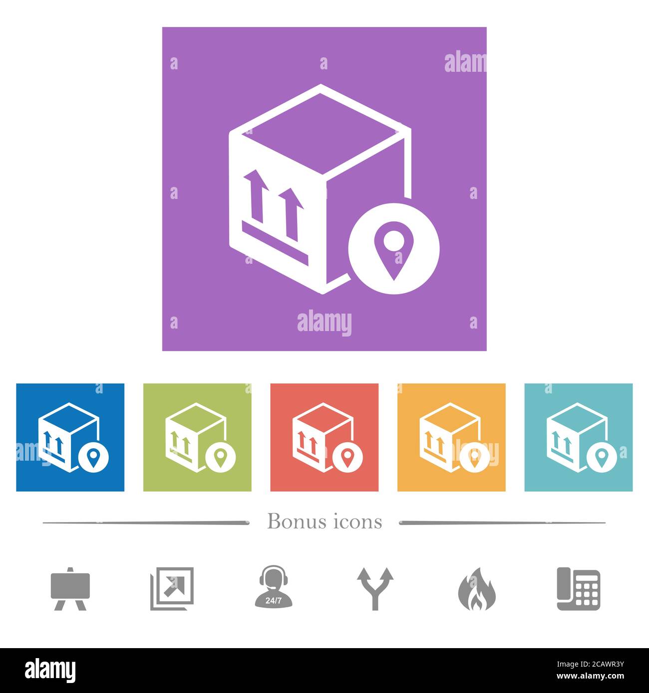 Package tracking flat white icons in square backgrounds. 6 bonus icons ...