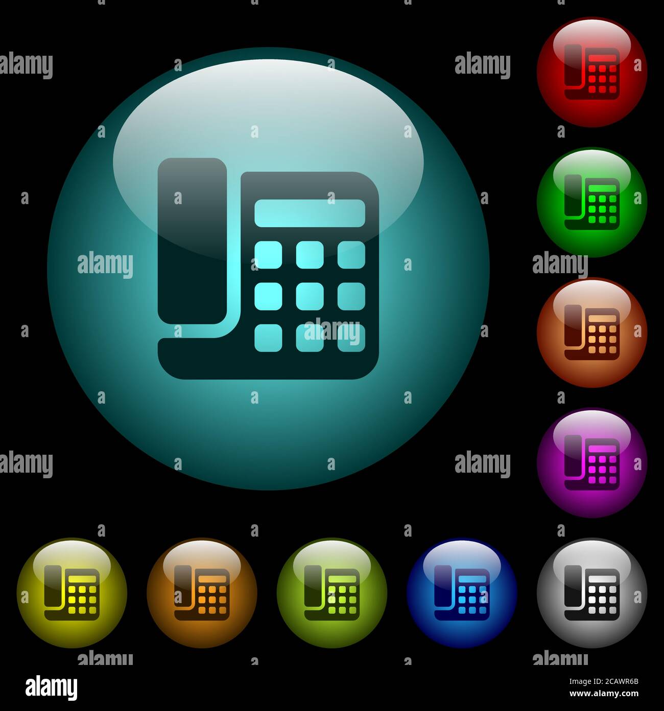 Office phone icons in color illuminated spherical glass buttons on ...