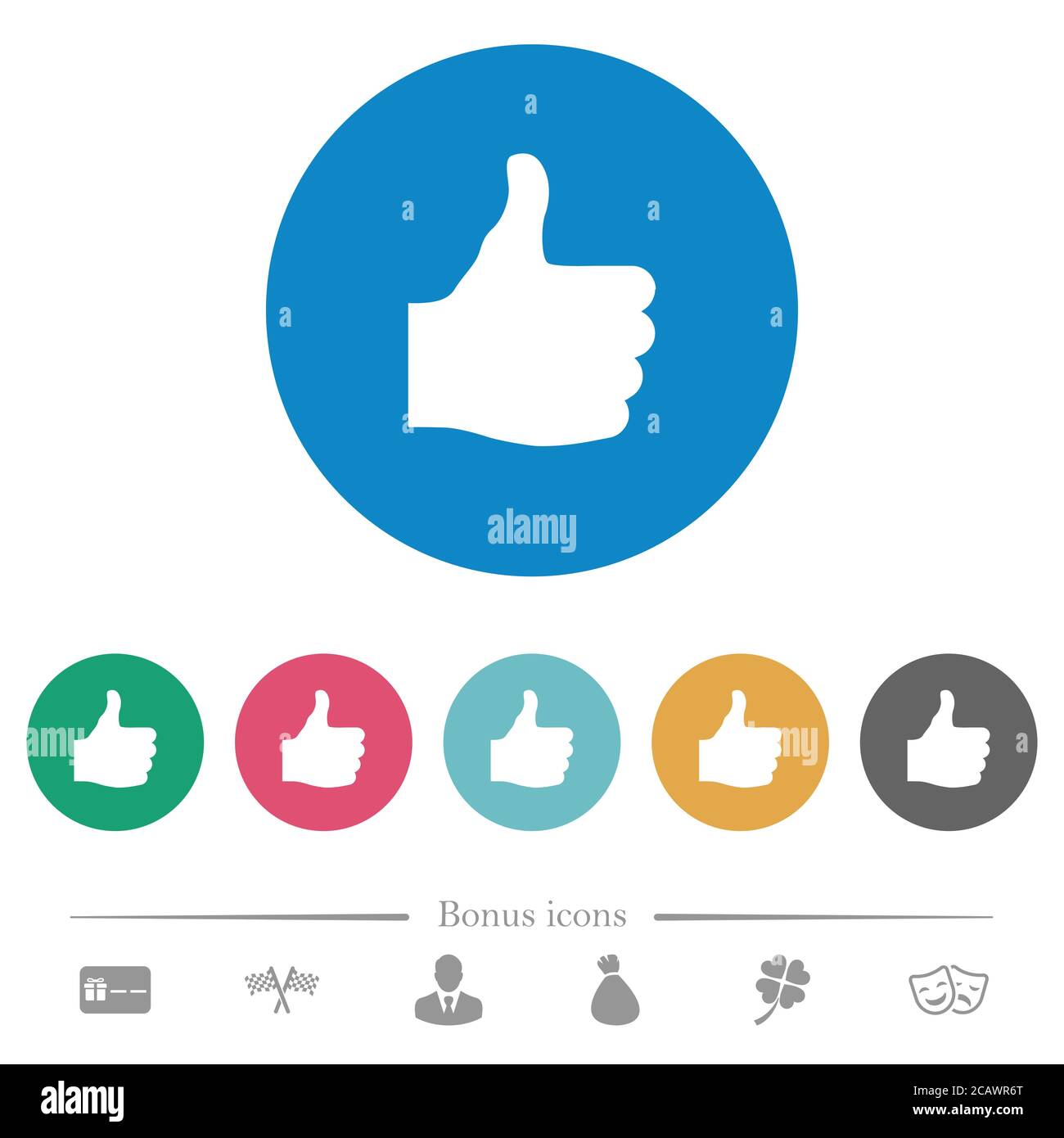 Thumbs up flat white icons on round color backgrounds. 6 bonus icons ...