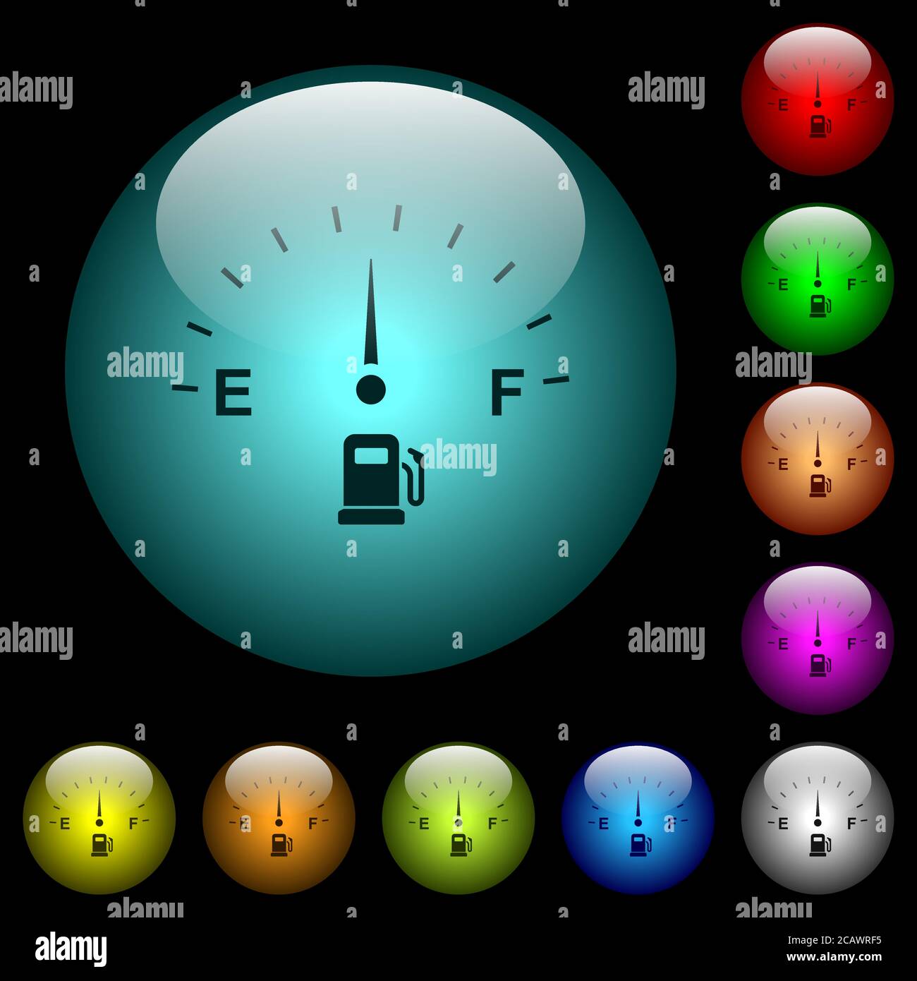 Fuel indicator icons in color illuminated spherical glass buttons on ...