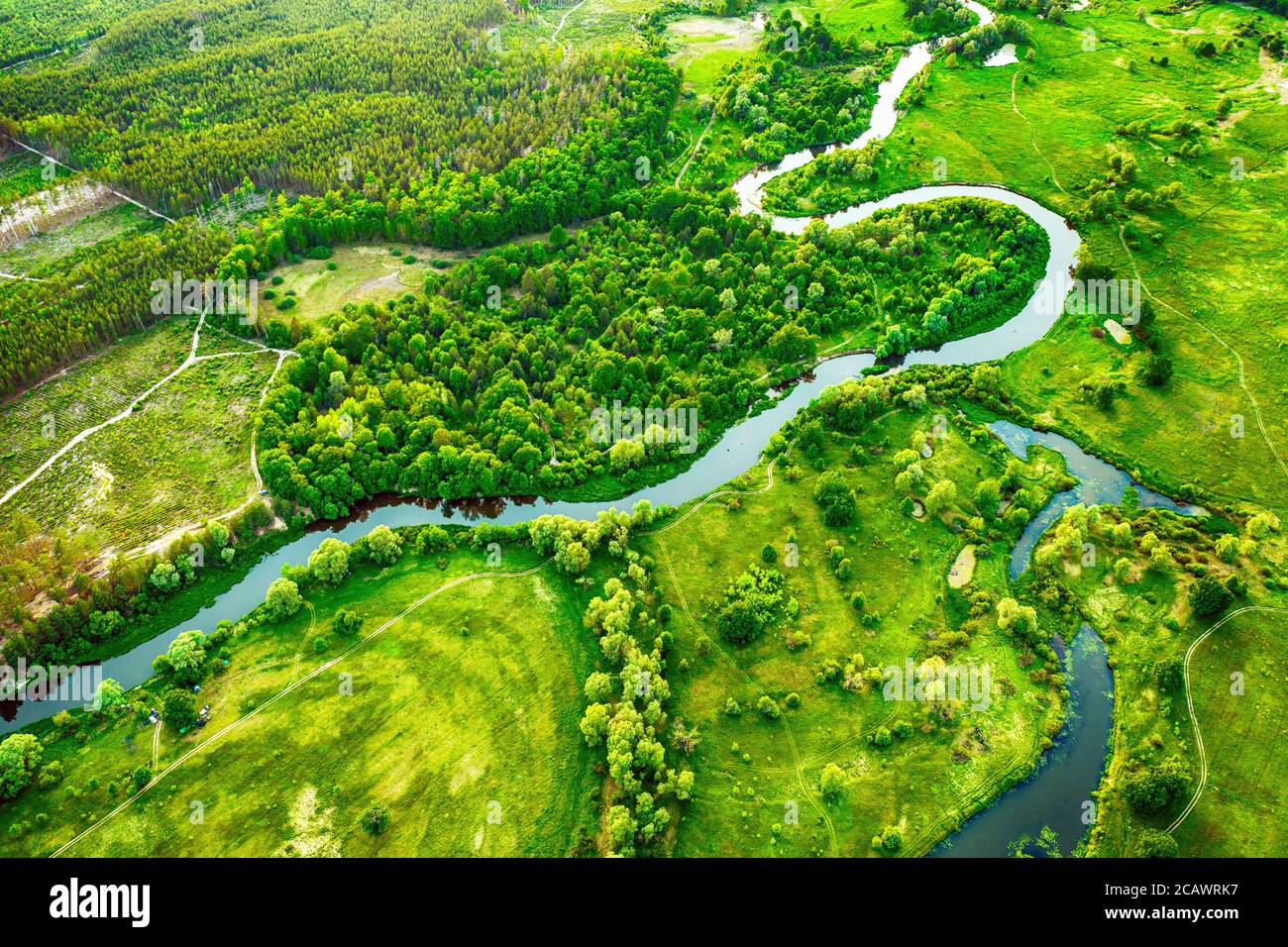 Aerial landscape of winding river in green field, top view of beautiful ...