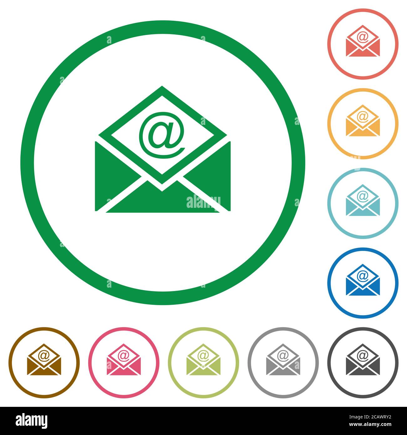 Open mail with email symbol flat color icons in round outlines on white ...