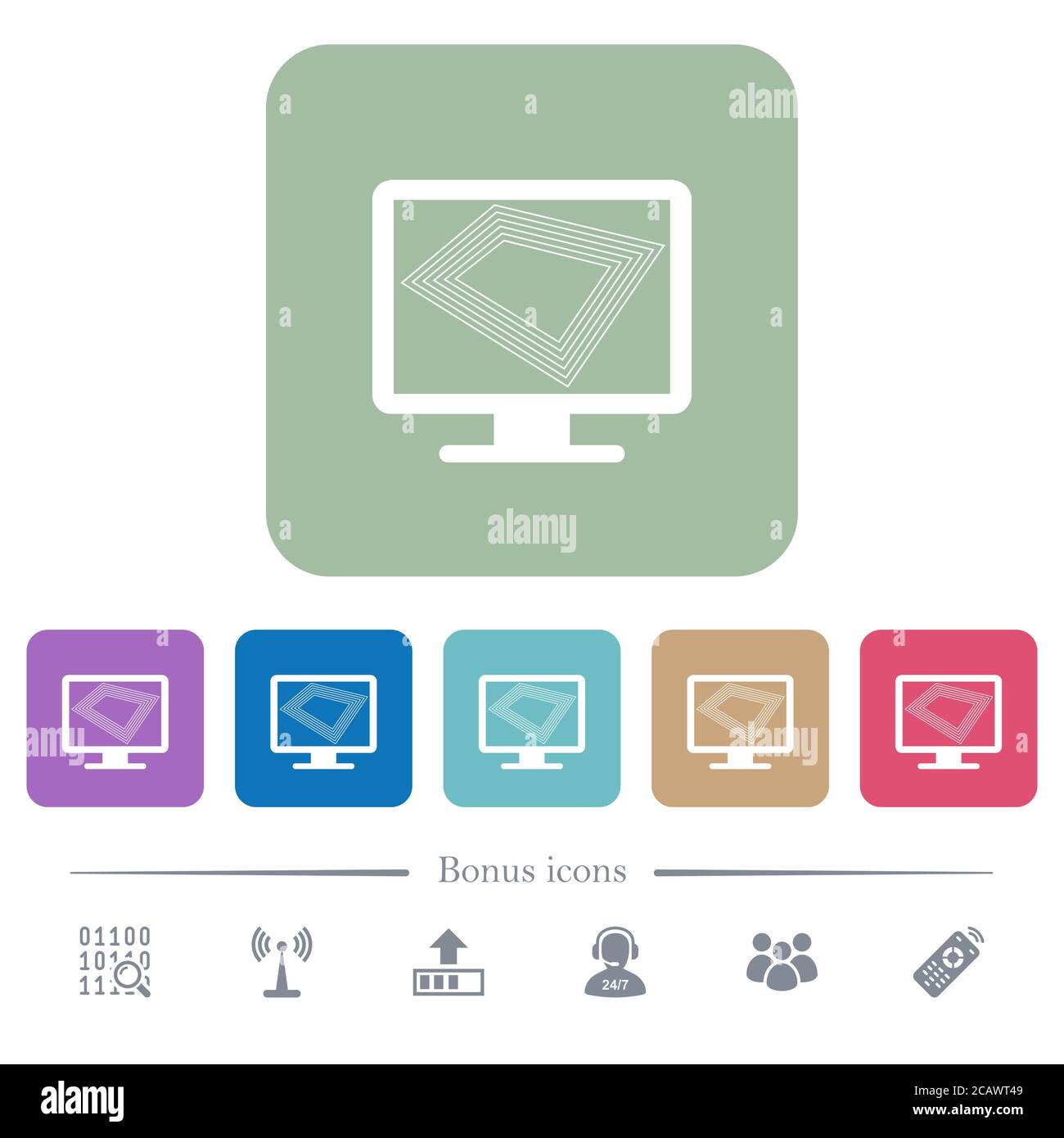 Screen saver on monitor white flat icons on color rounded square ...