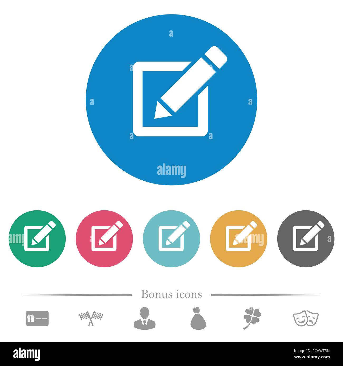 Editing box with pencil flat white icons on round color backgrounds. 6 ...