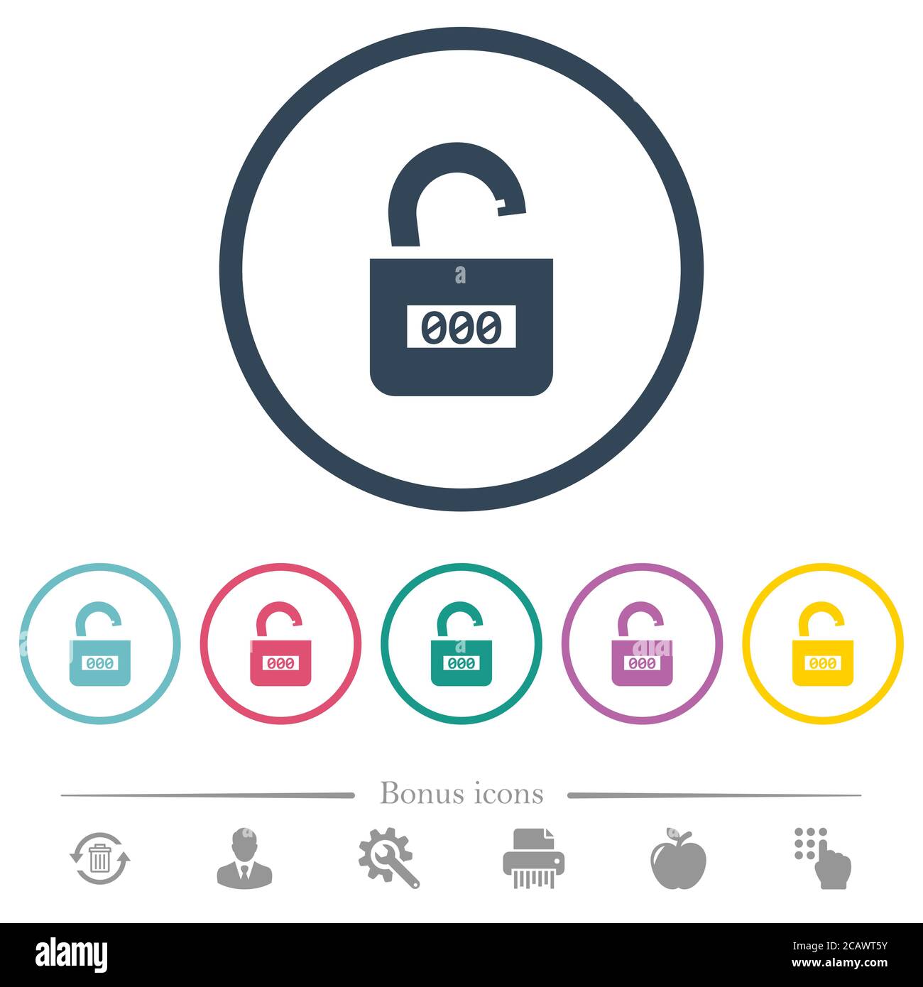 Unlocked combination lock with center numbers flat color icons in round ...