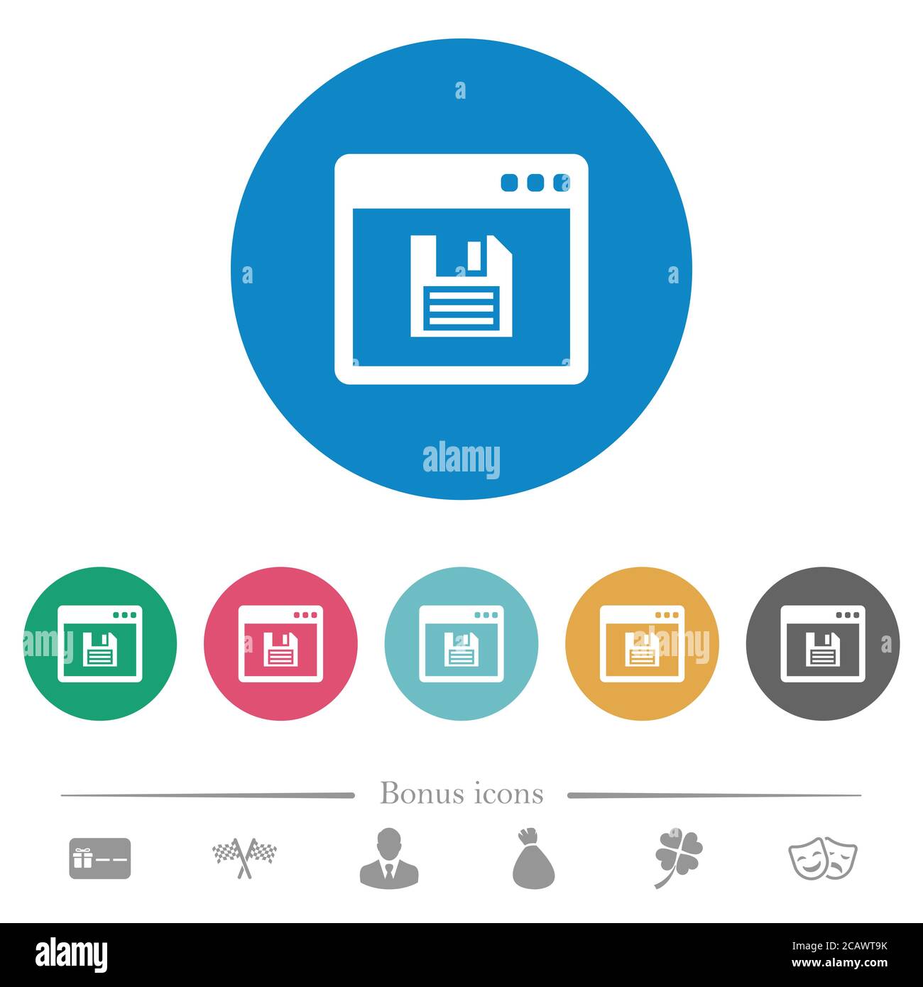 Save application flat white icons on round color backgrounds. 6 bonus ...