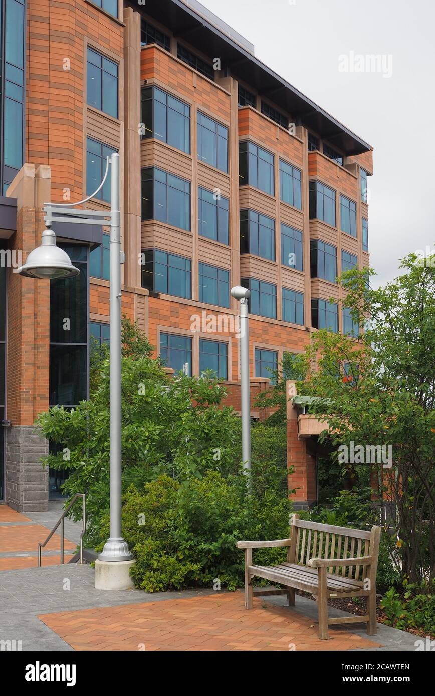 The lamp post and bench are outside of the office building Stock Photo ...