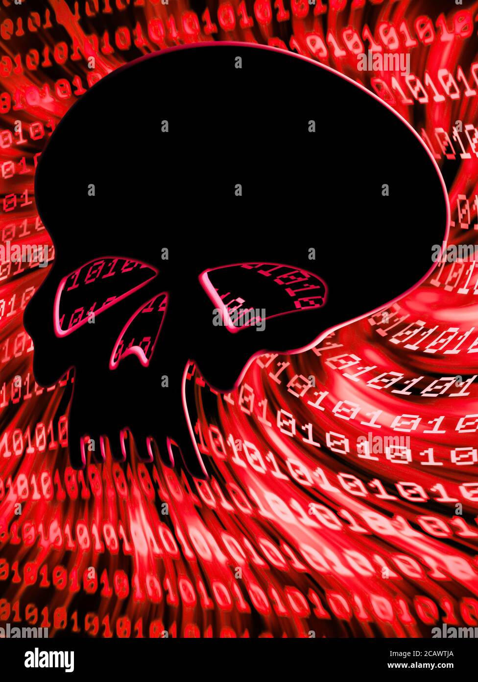 Warped Skull on a Binary code background in red Stock Photo - Alamy