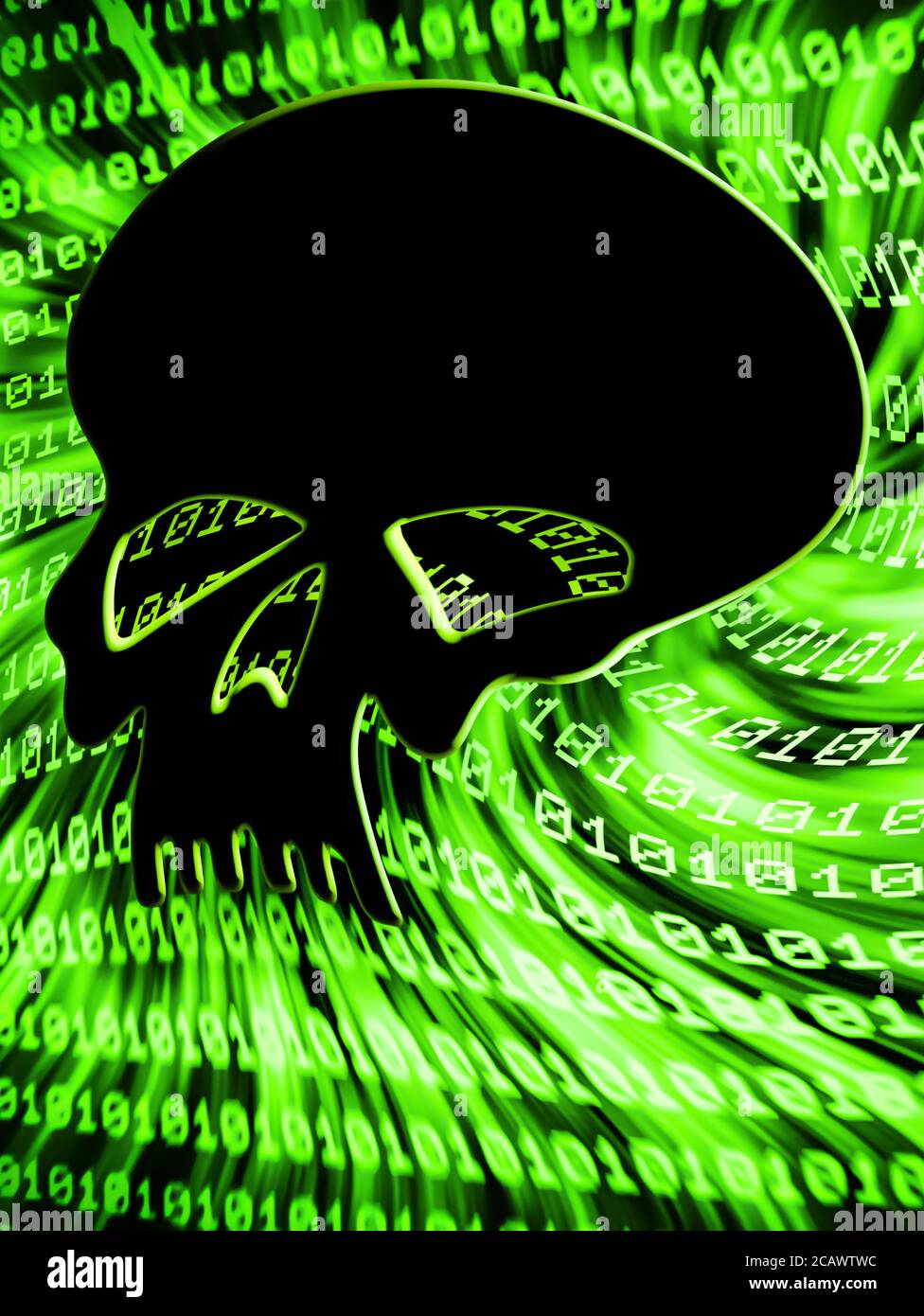 Warped Skull on a Binary code background in green Stock Photo - Alamy