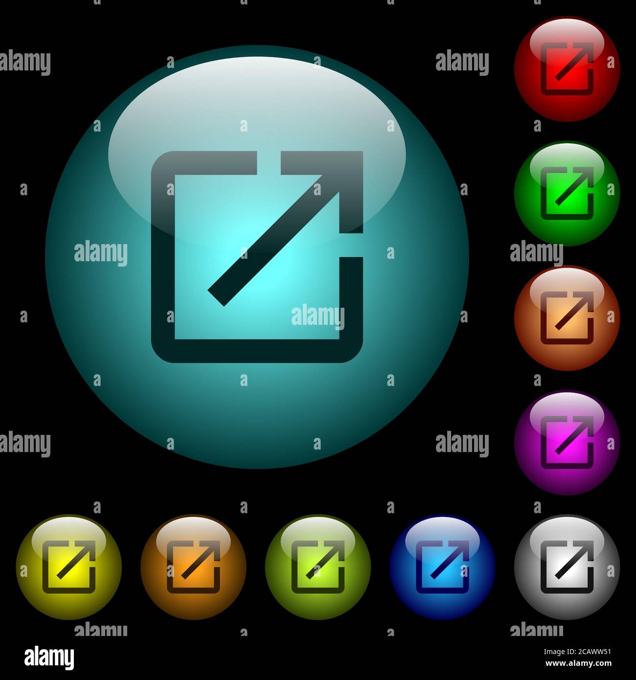 Open in new window icons in color illuminated spherical glass buttons ...