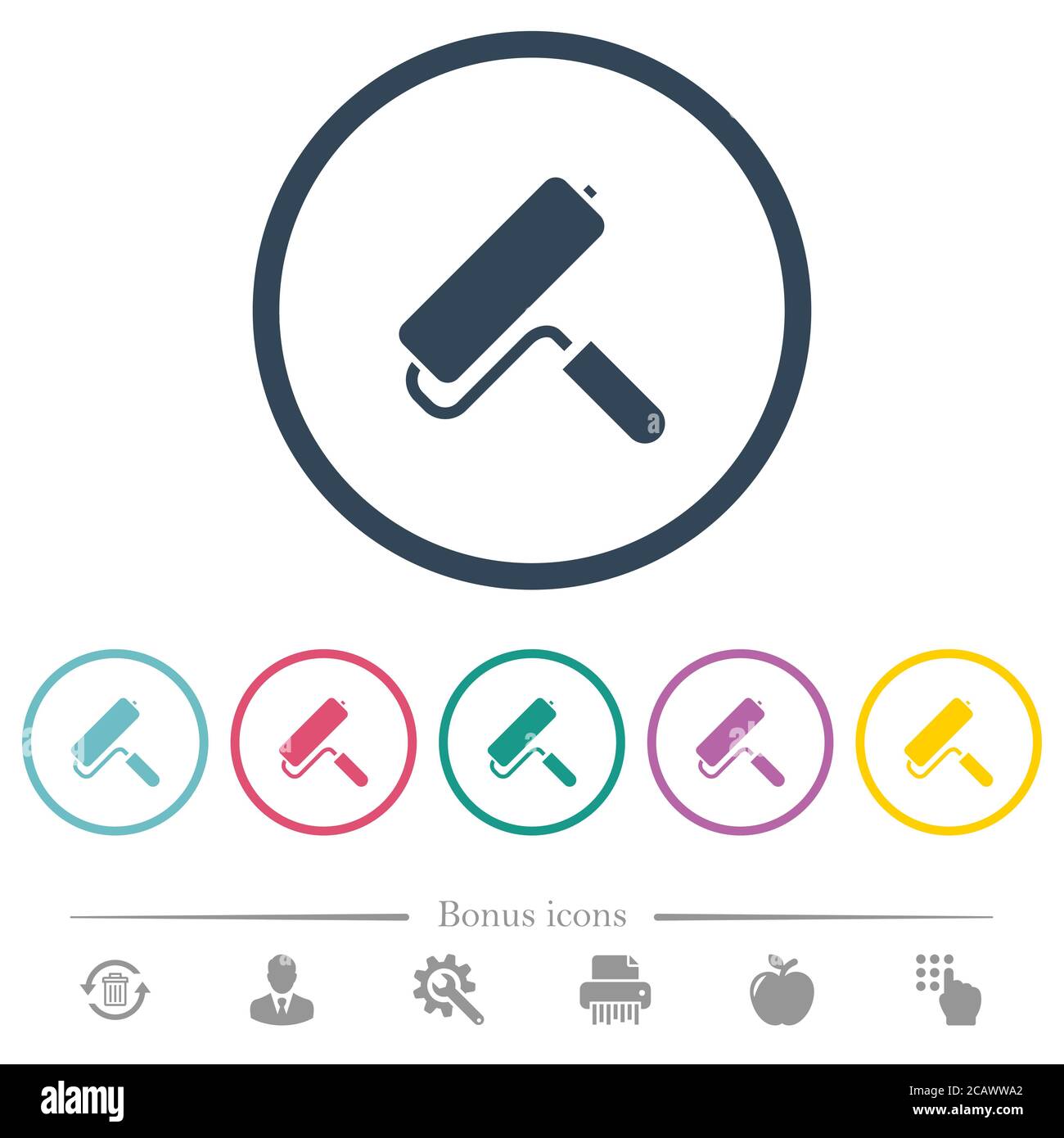 Paint roller flat color icons in round outlines. 6 bonus icons included ...