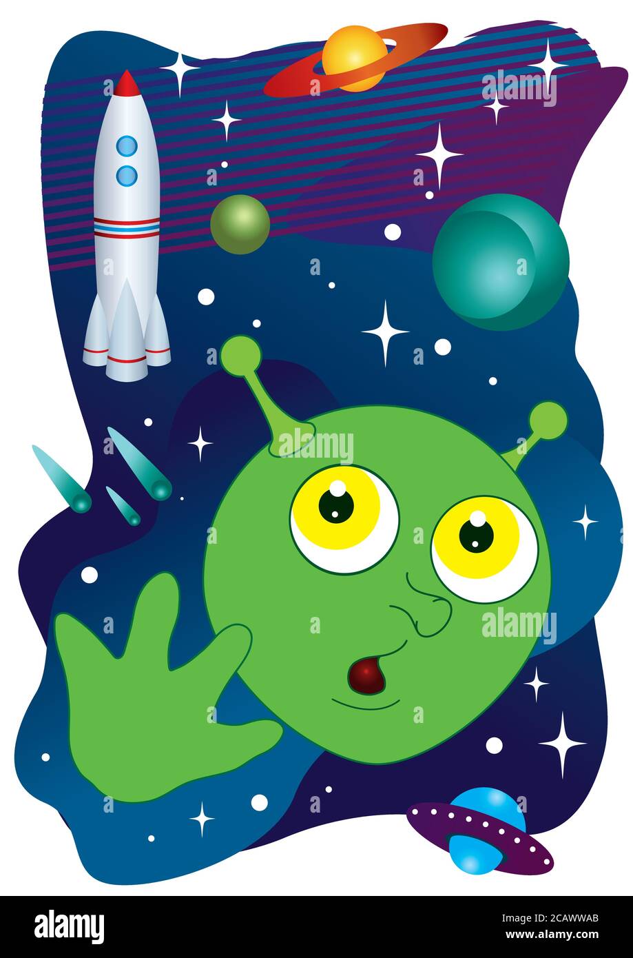 Funny monsters in space. Alien UFO spaceship in the universe, vector ...